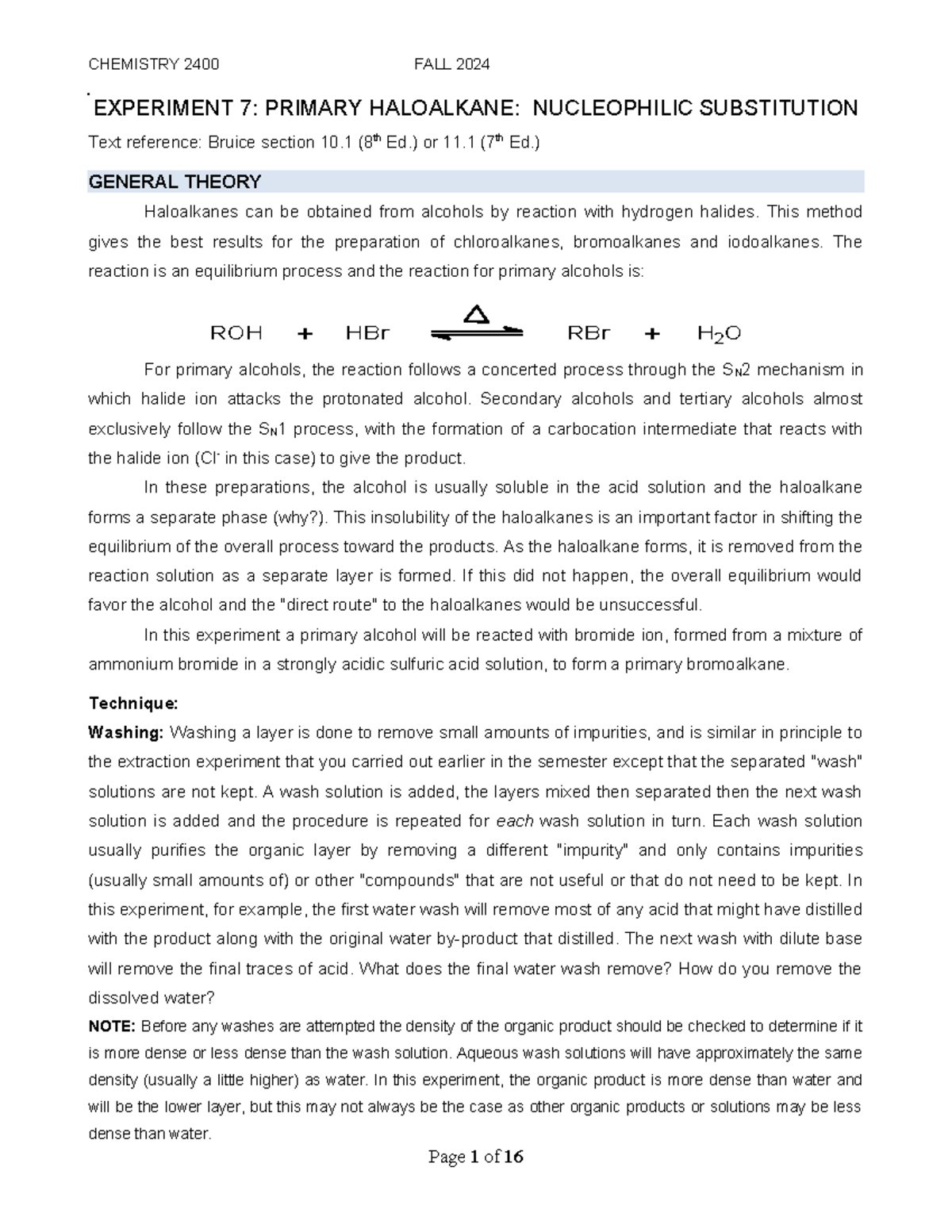 Experiment 7 Primary Alkyl Halide - CHEMISTRY 2400 FALL 2024 EXPERIMENT 7: PRIMARY HALOALKANE ...