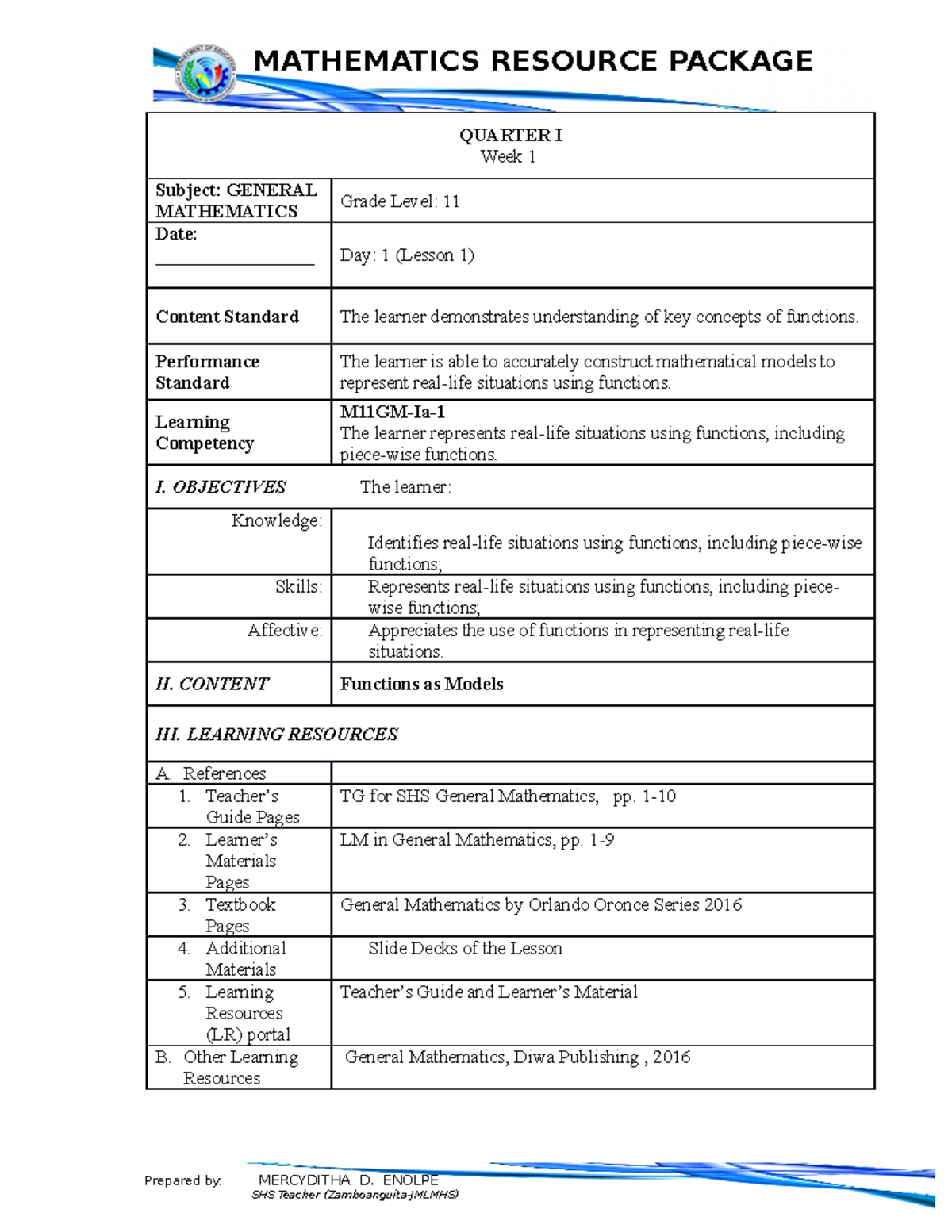 Week 1. day 1 (Lesson 1) - Sample DLL in Gen Math - Prepared by ...