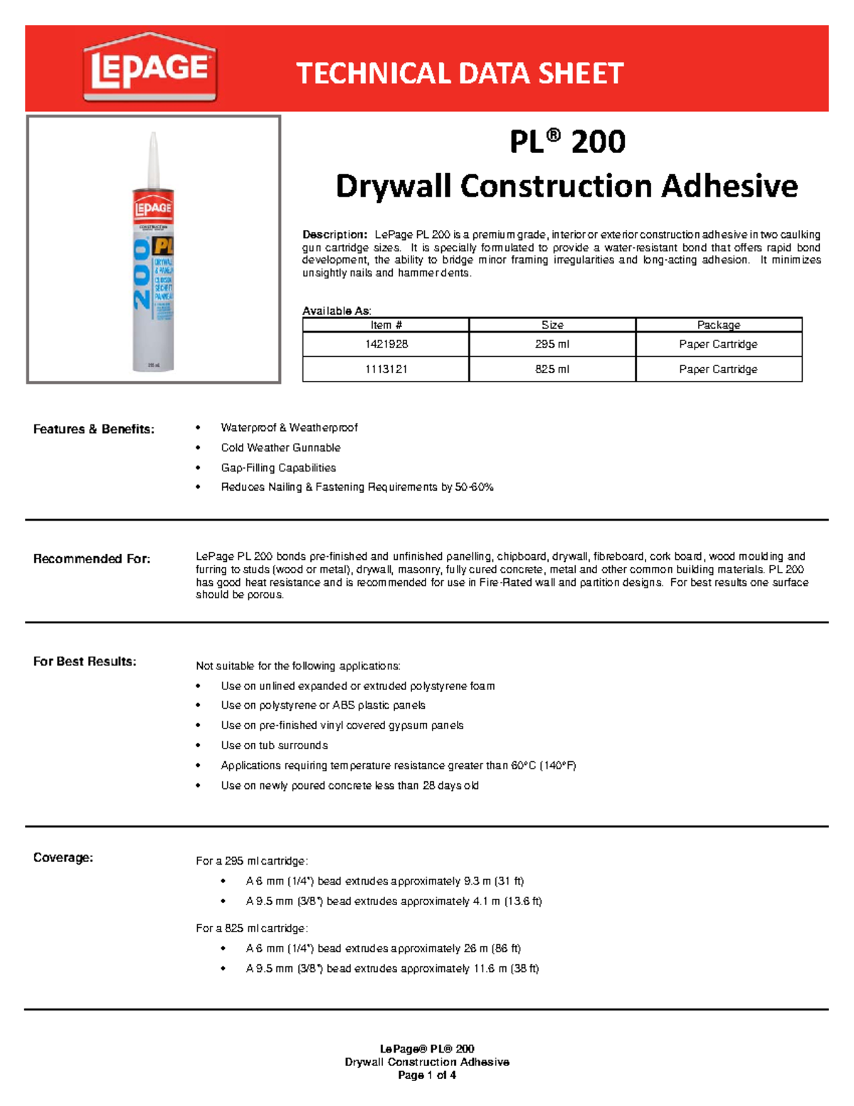 Trig assignment - LePage® PL® 200 Drywall Construction Adhesive ...