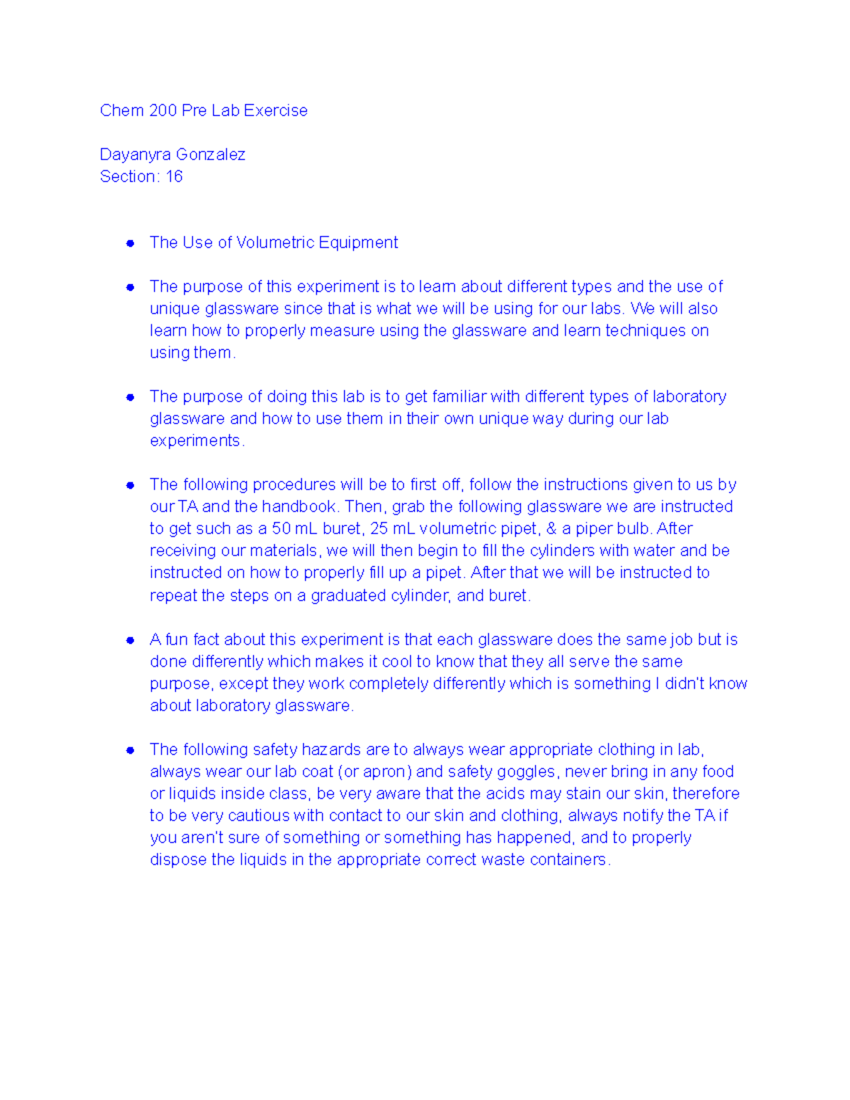 Gonzalez D Volumetric Equipment - Chem 200 Pre Lab Exercise Dayanyra ...