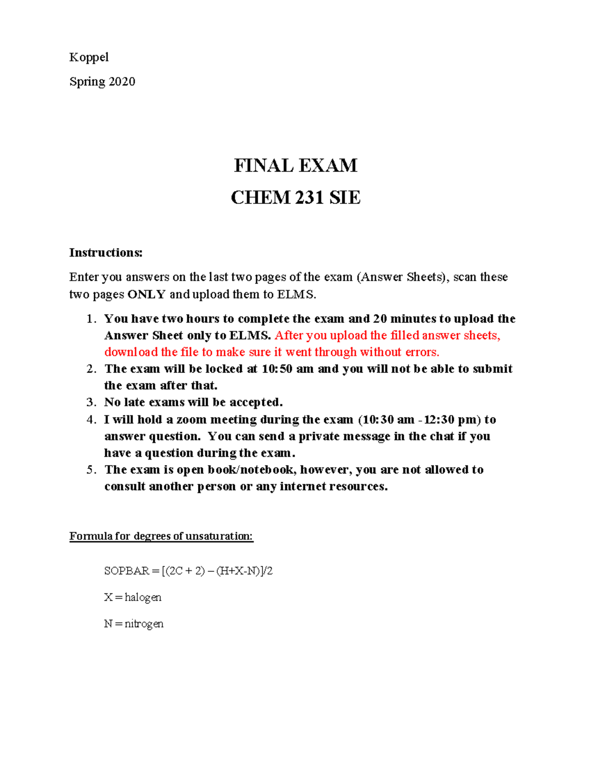 CHEM 231 Final Exam Spring 2020 ANSWERS - Koppel Spring 2020 FINAL EXAM ...