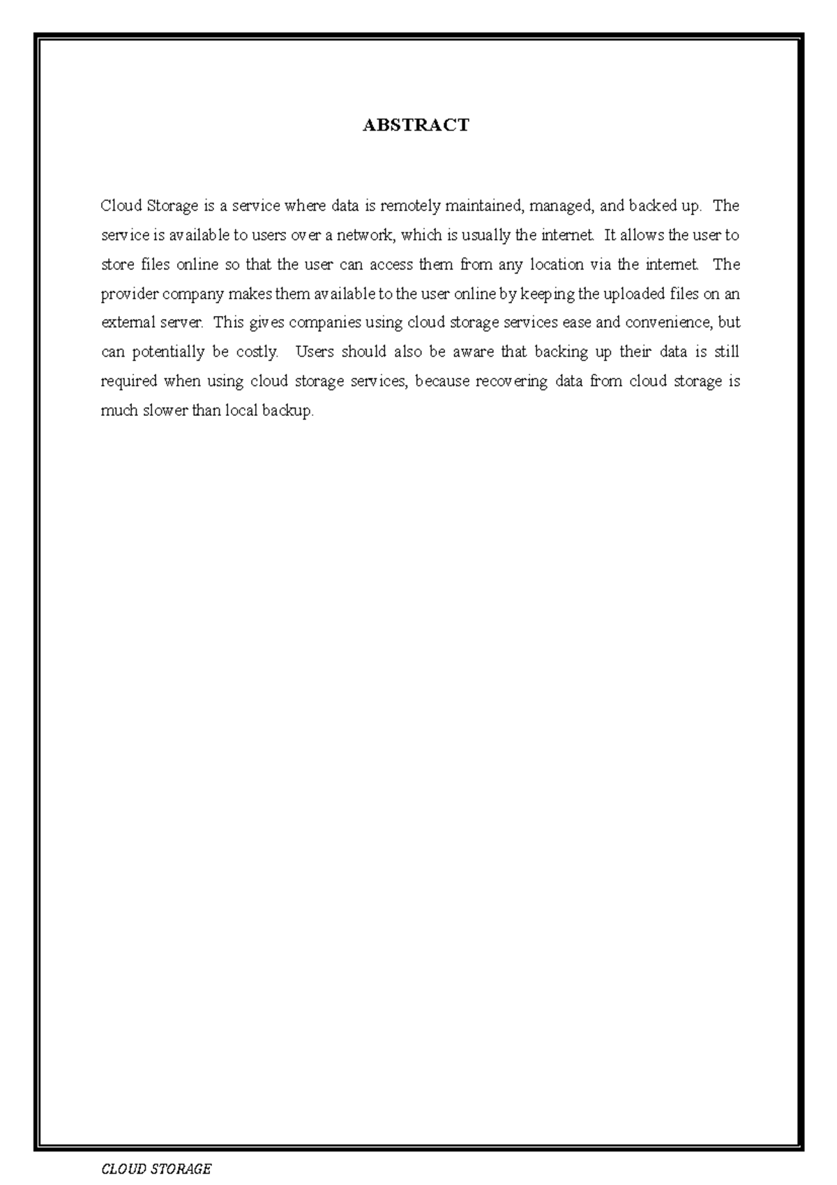 Seminar Report On Cloud Storage - ABSTRACT Cloud Storage is a service ...