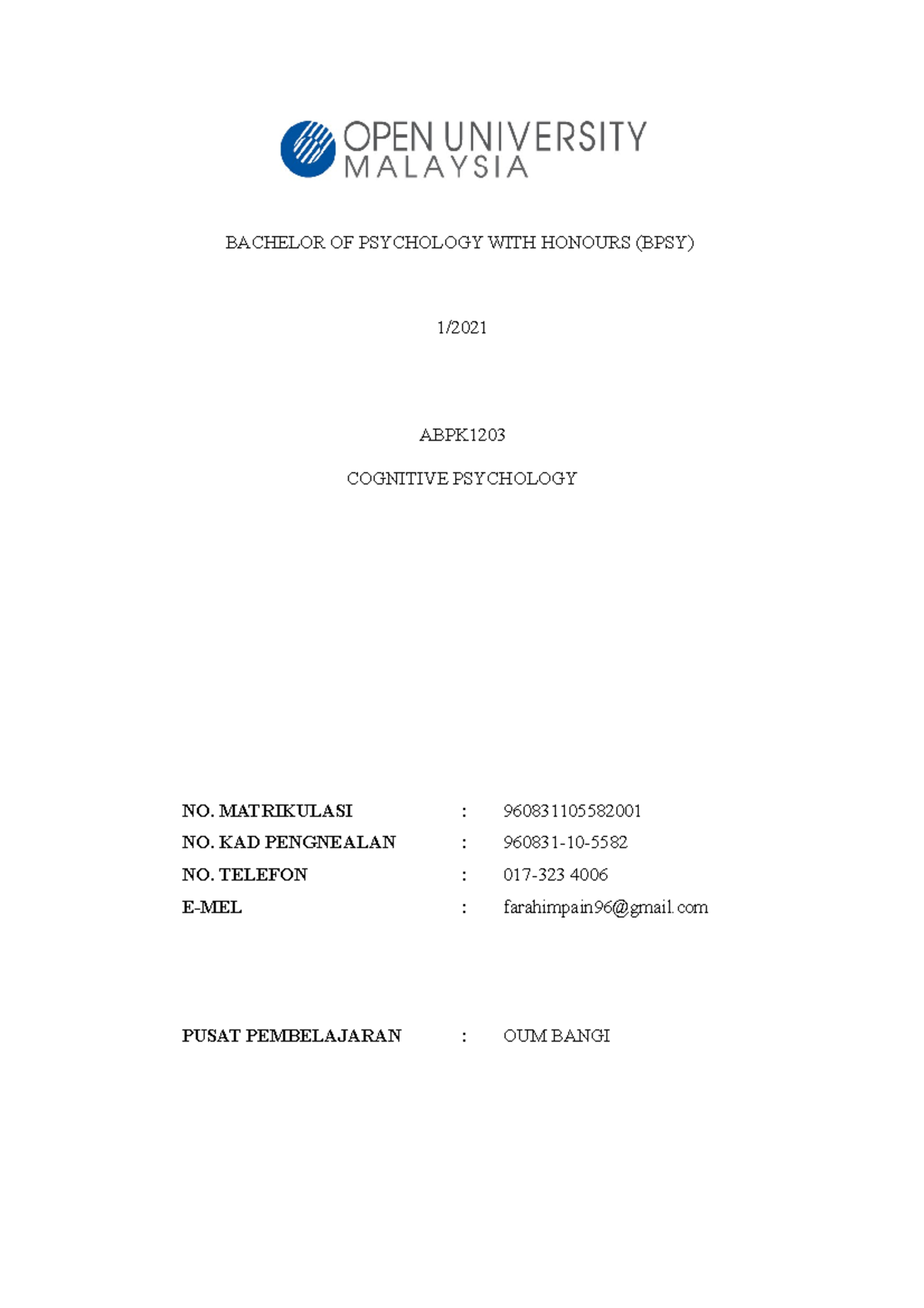 Assignment Cognitive Psychology Bachelor Of Psychology With Honours