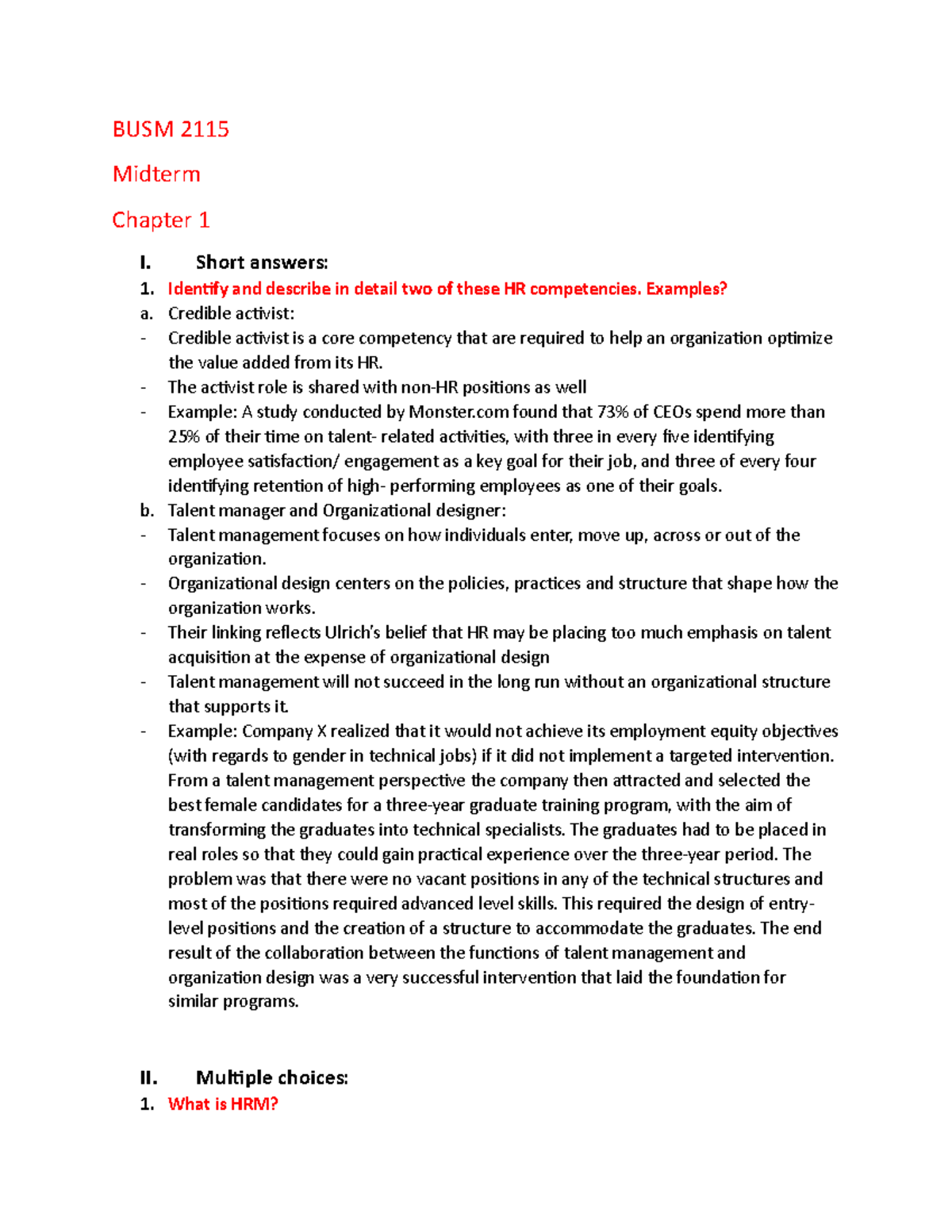 Chap 1 midterm review - BUSM 2115 Midterm Chapter 1 I. Short answers: Identify and describe in ...