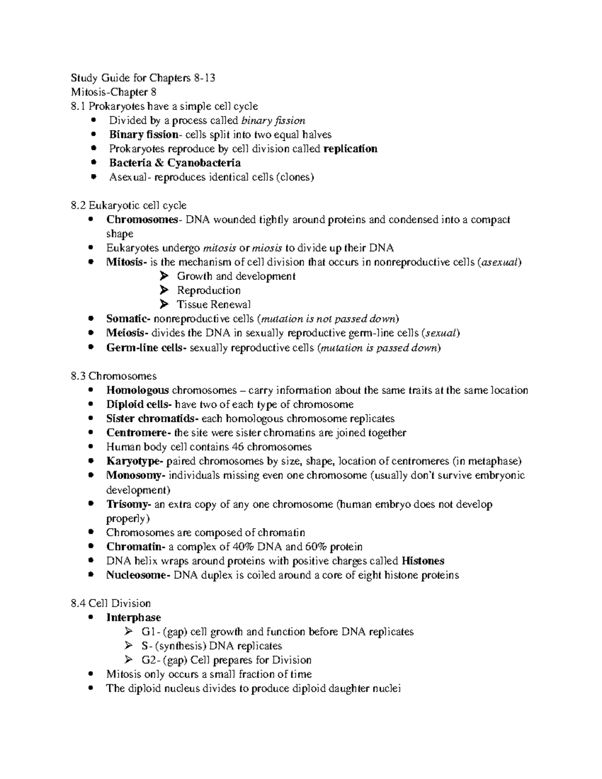 Study Guide Chapters 8-13 - Study Guide for Chapters 8- Mitosis-Chapter ...