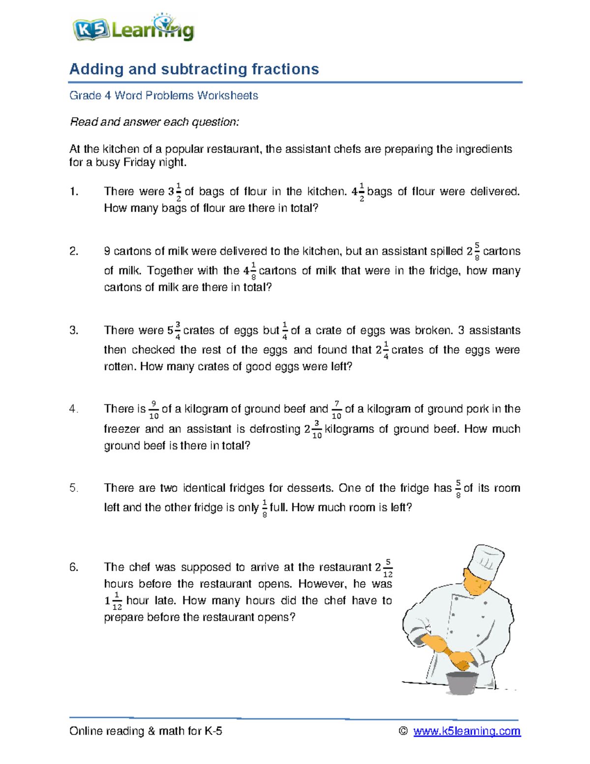 Fractions Word Problems - Adding and subtracting fractions Grade 4 Word ...