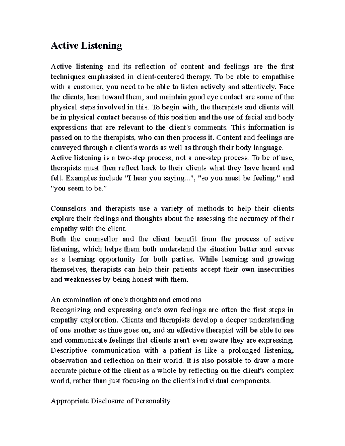 Active Listening - Lecture notes 1 - Active Listening Active listening ...