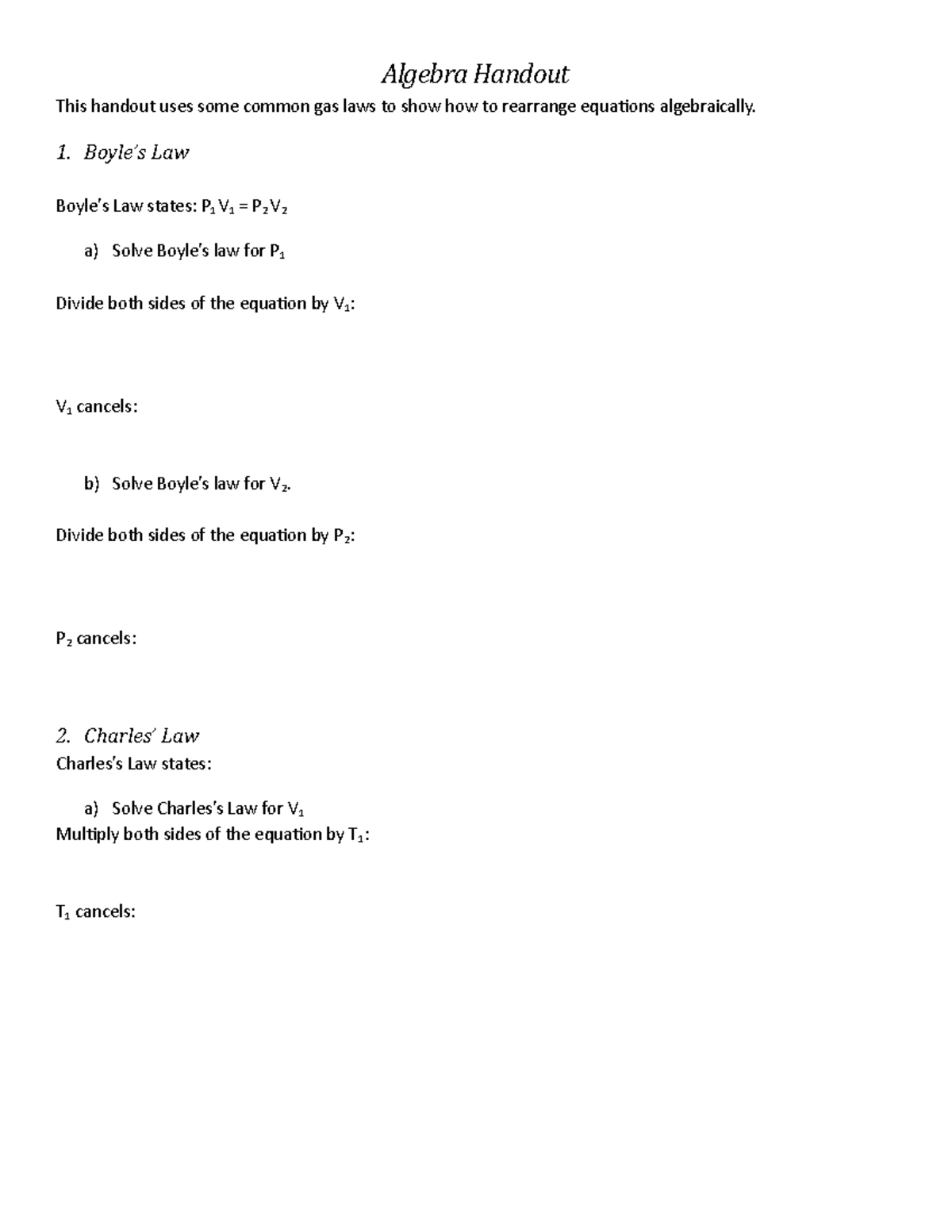 Algebra Handout - This handout uses some common gas laws to show how to ...
