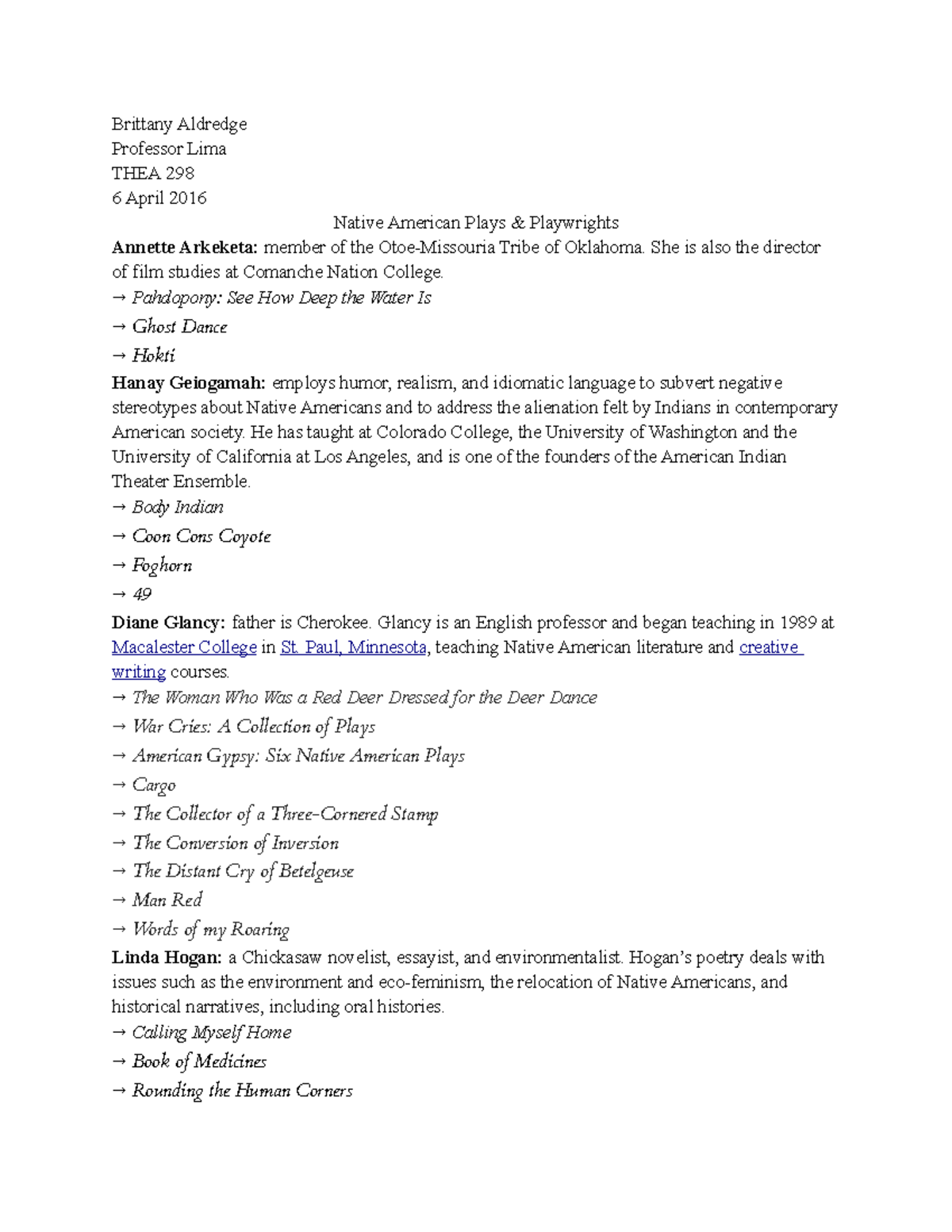 Native American Playwrights - Brittany Aldredge Professor Lima THEA 298 ...