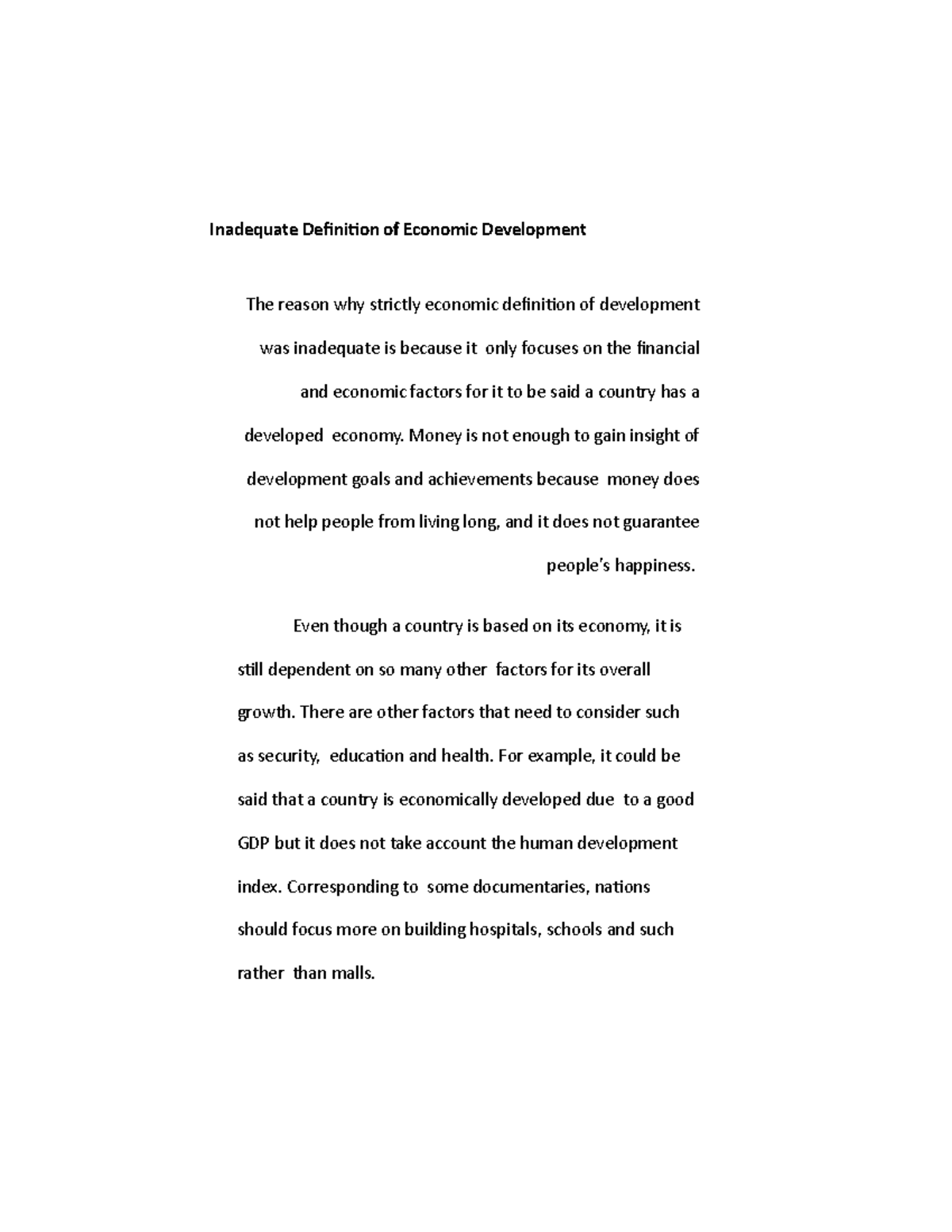 Economic Development - Lecture notes 1 - Inadequate Definition of ...