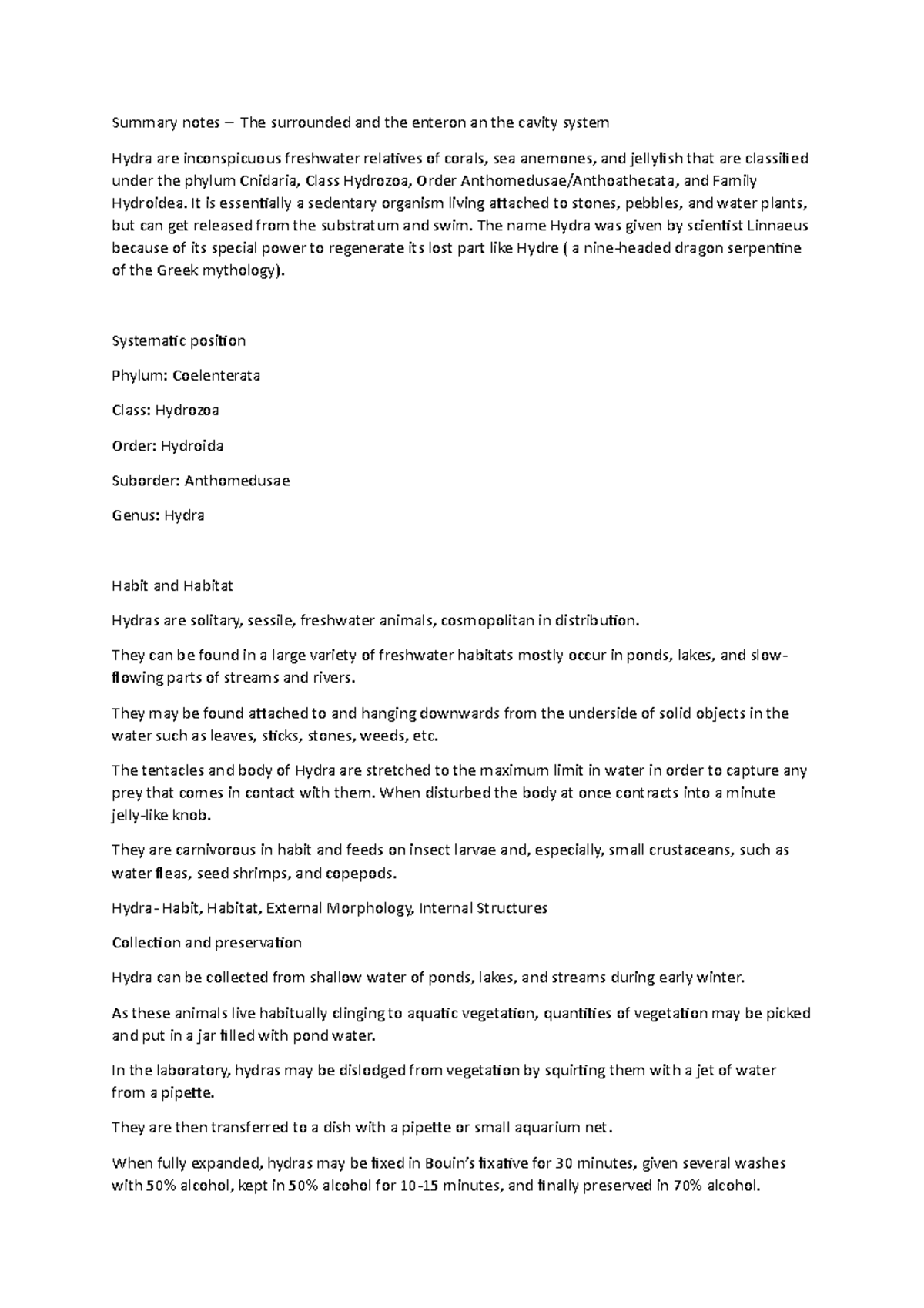 Summary notes – The surrounded and the enteron an the cavity system ...