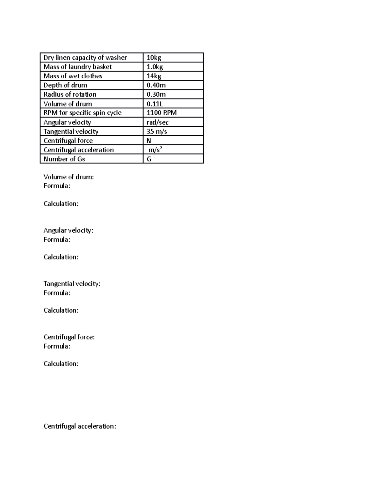 Dynamics Project Calculations - Dry linen capacity of washer 10kg Mass ...