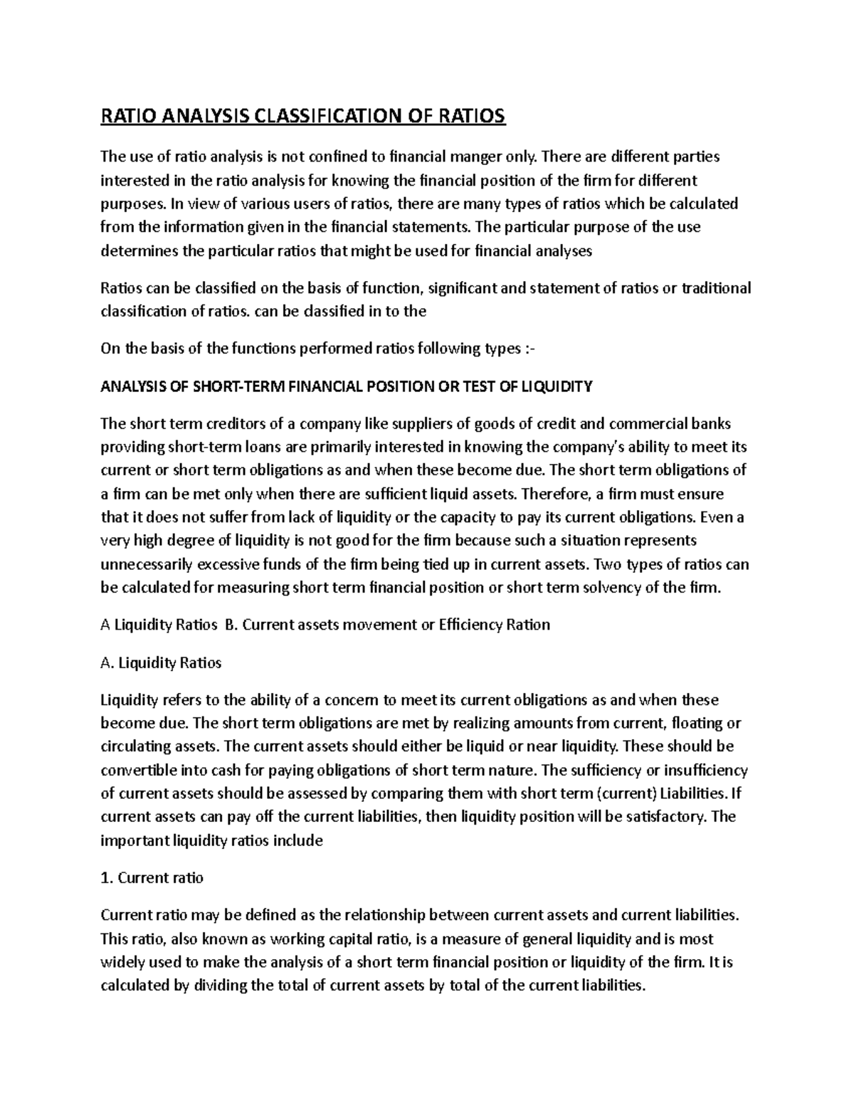 Ratio Analysis Classification OF Ratios - RATIO ANALYSIS CLASSIFICATION ...