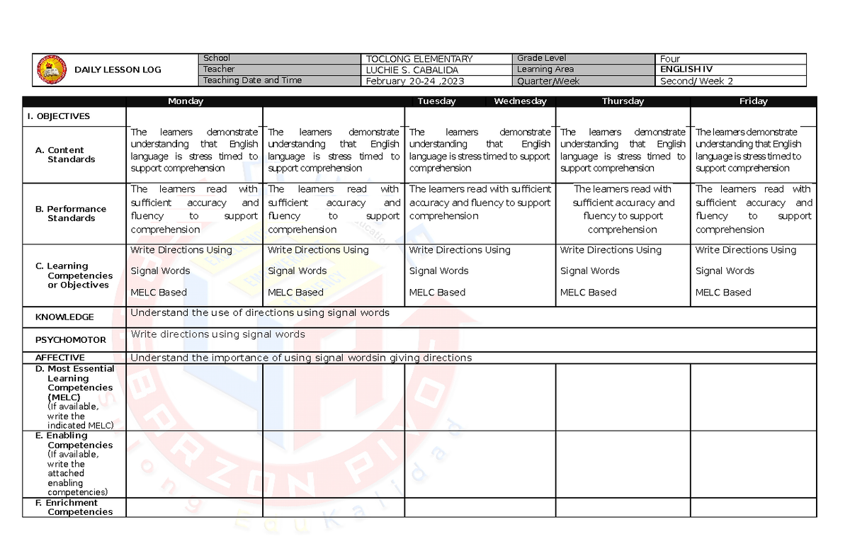 3rd DLL WK2 English - sample dll - DAILY LESSON LOG School TOCLONG ELEMENTARY Grade Level Four ...