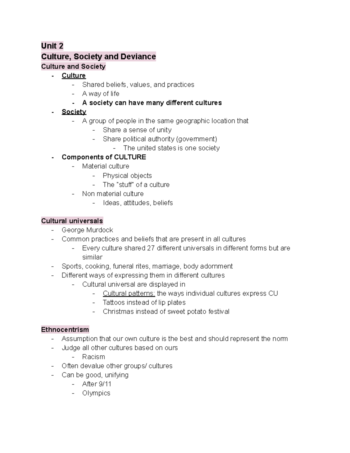 SOC unit 2 - Lecture notes for Unit 2. - Unit 2 Culture, Society and ...