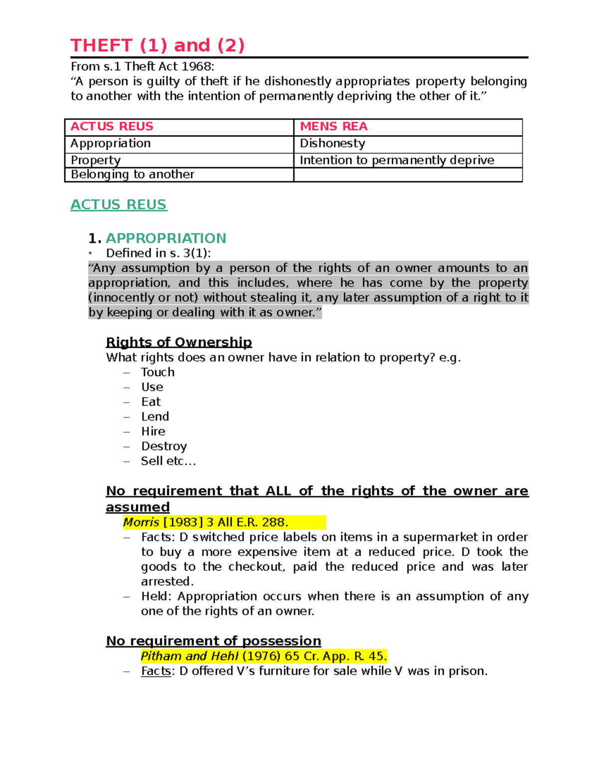 Theft Exam Revision Notes - THEFT (1) and (2) From s Theft Act 1968: “A ...