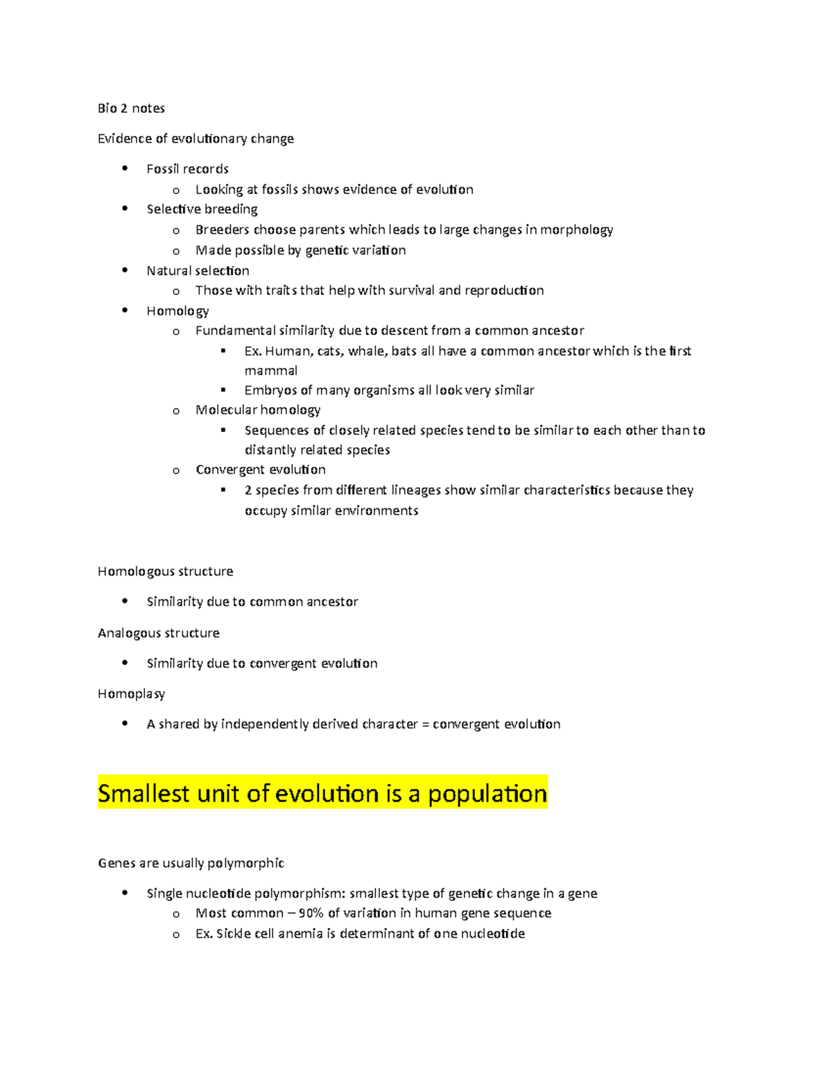 Evidence of evolutionary change - Bio 2 notes Evidence of evolutionary ...
