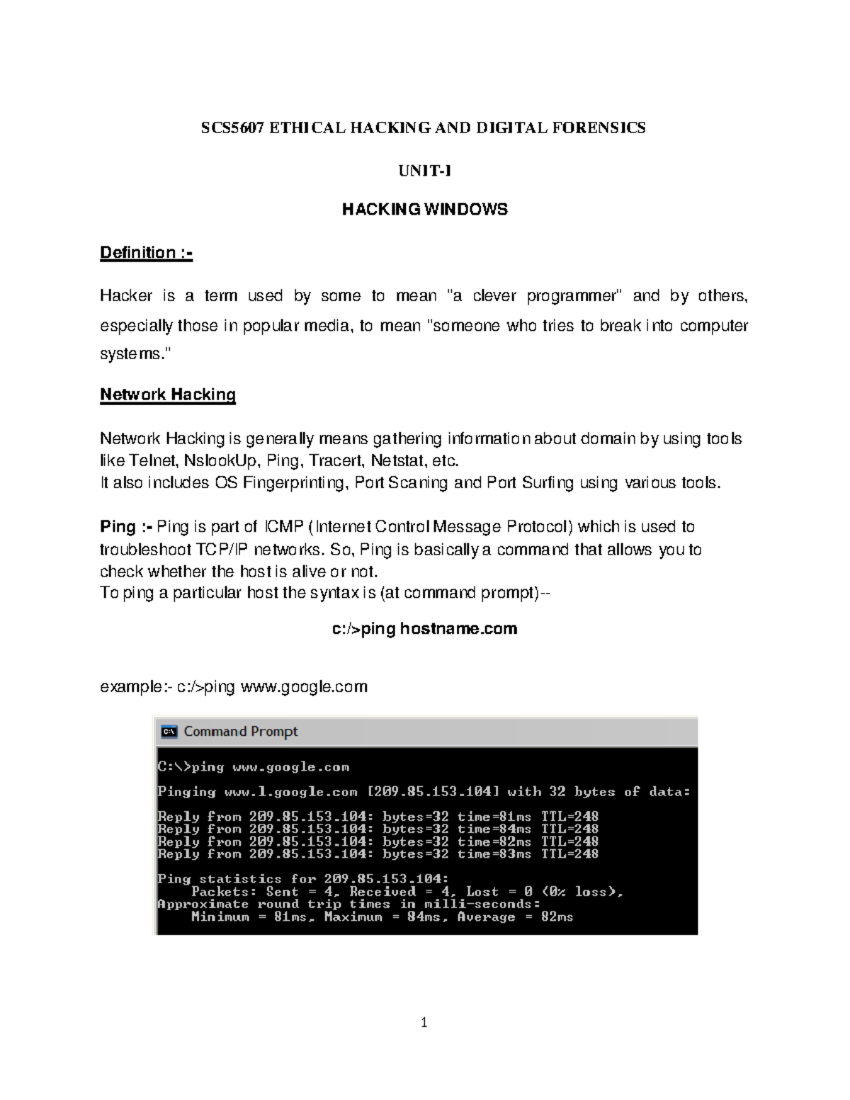 Hacking Windows Notes For Ethical Hacking Scs5607 Ethical Hacking And Digital Forensics Unit I