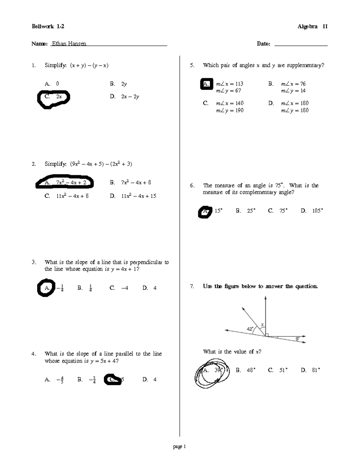 Algebra II Classwork Answers for the class - Bellwork Algebra II Name ...
