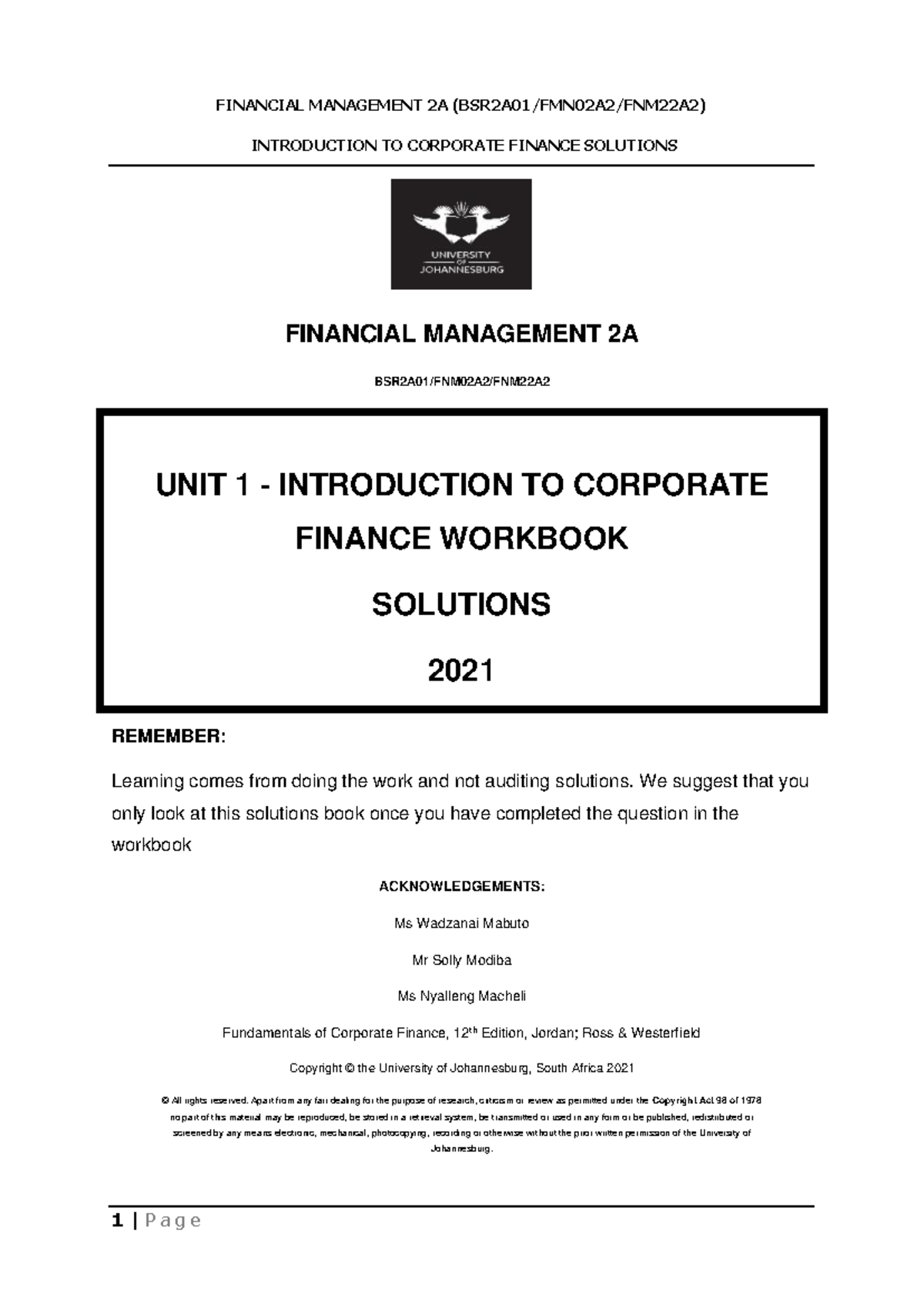 Unit 1 - Introduction to Corporate Finance workbook Solutions ...