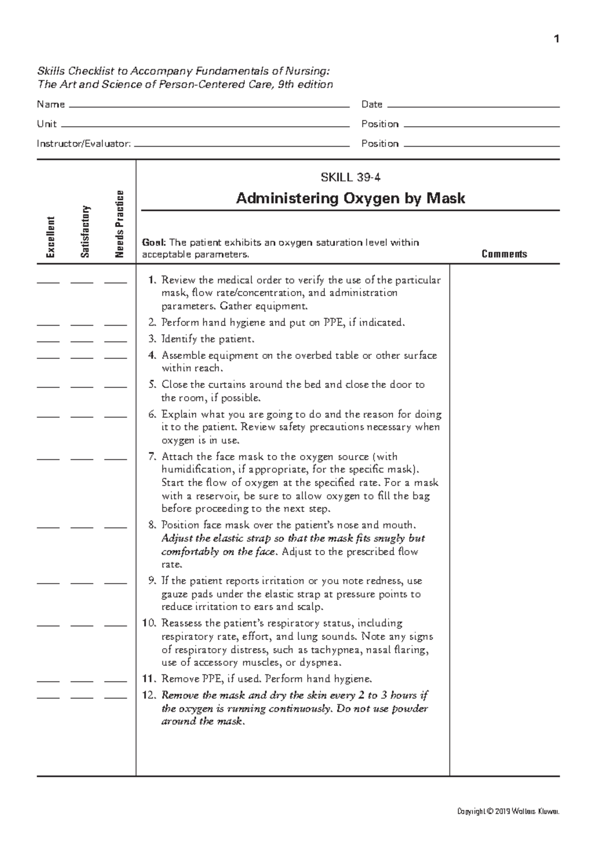39.4 Administering Oxygen by Mask - 1 Skills Checklist to Accompany ...