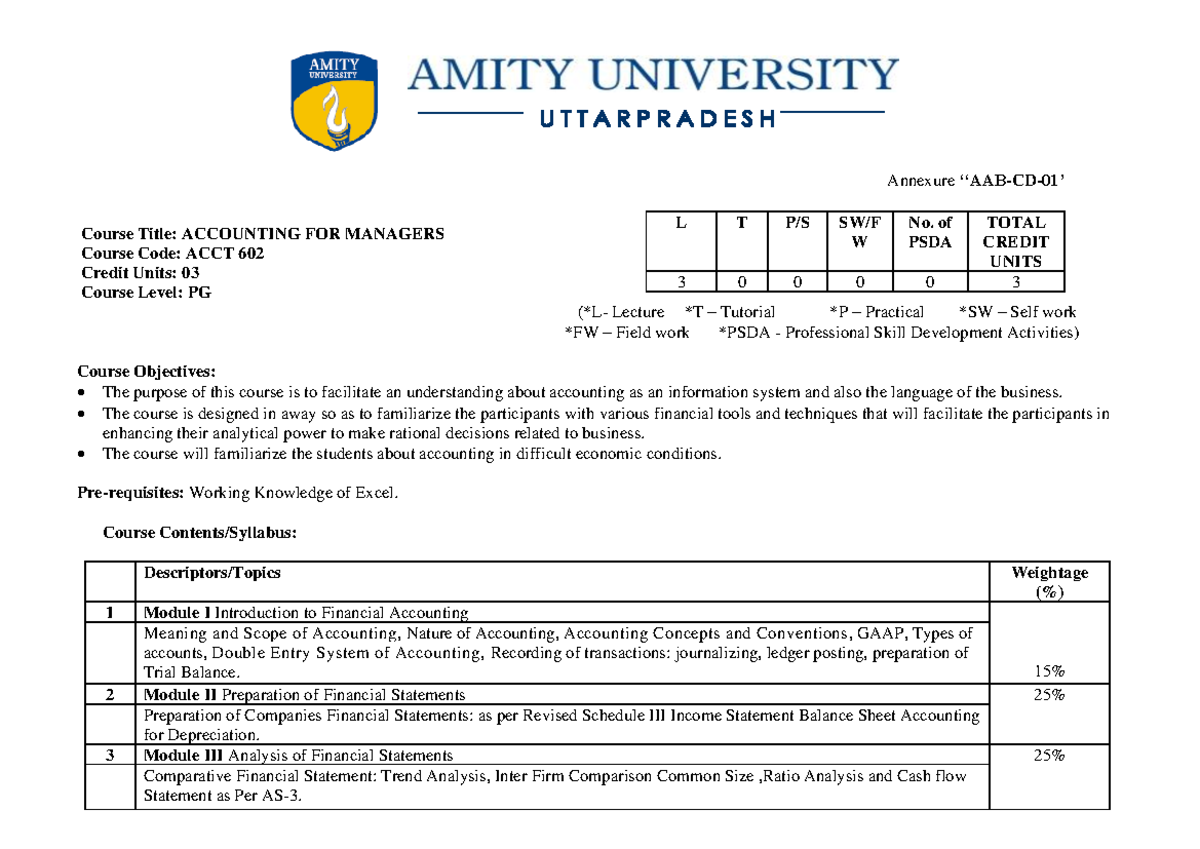 MBA Fin. Sem 1 - Syllabus of MBA Finance - Annexure ‘‘AAB-CD-01’ Course ...