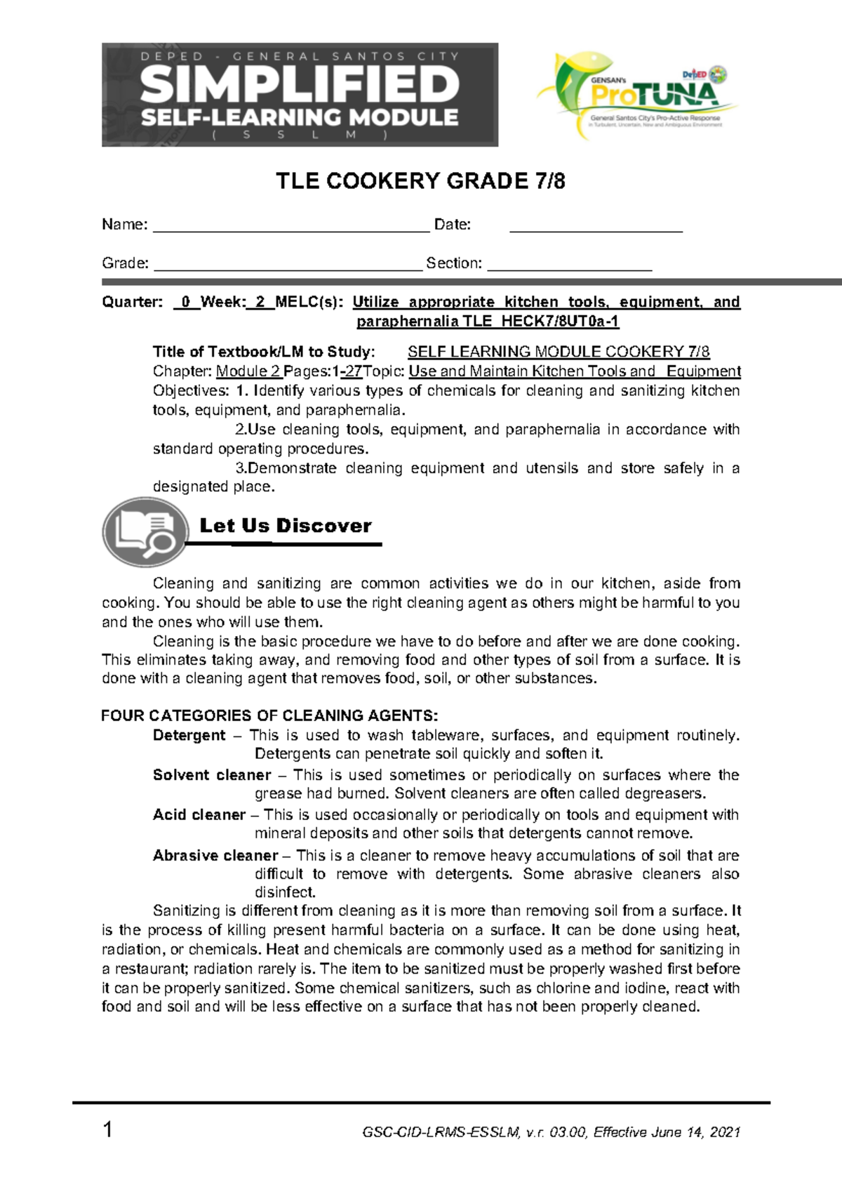 SSLM-TLE- Cookery-7-8-Q0-W2 worksheet - TLE COOKERY GRADE 7/ Name