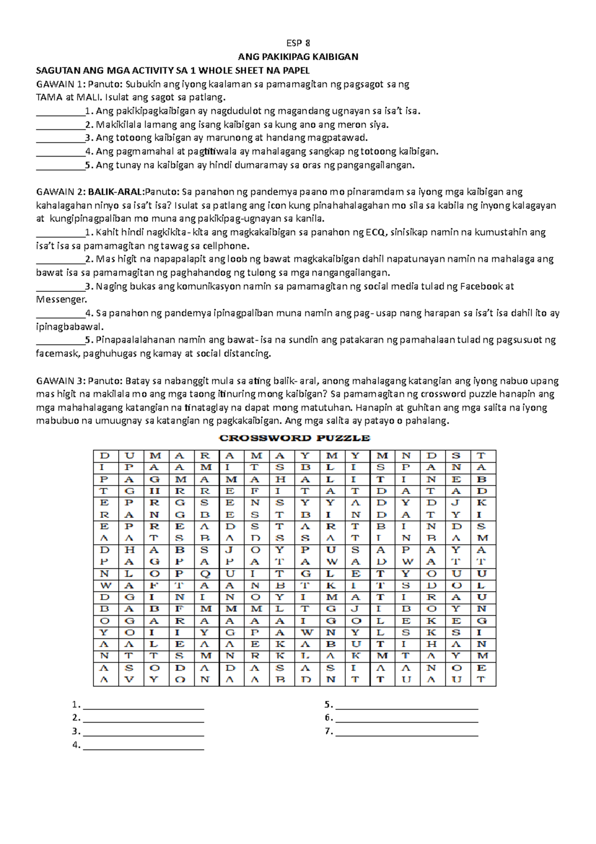 ESP 8 Activity - ACTIVITIES IN HUMNITIES - ESP 8 ANG PAKIKIPAG KAIBIGAN ...