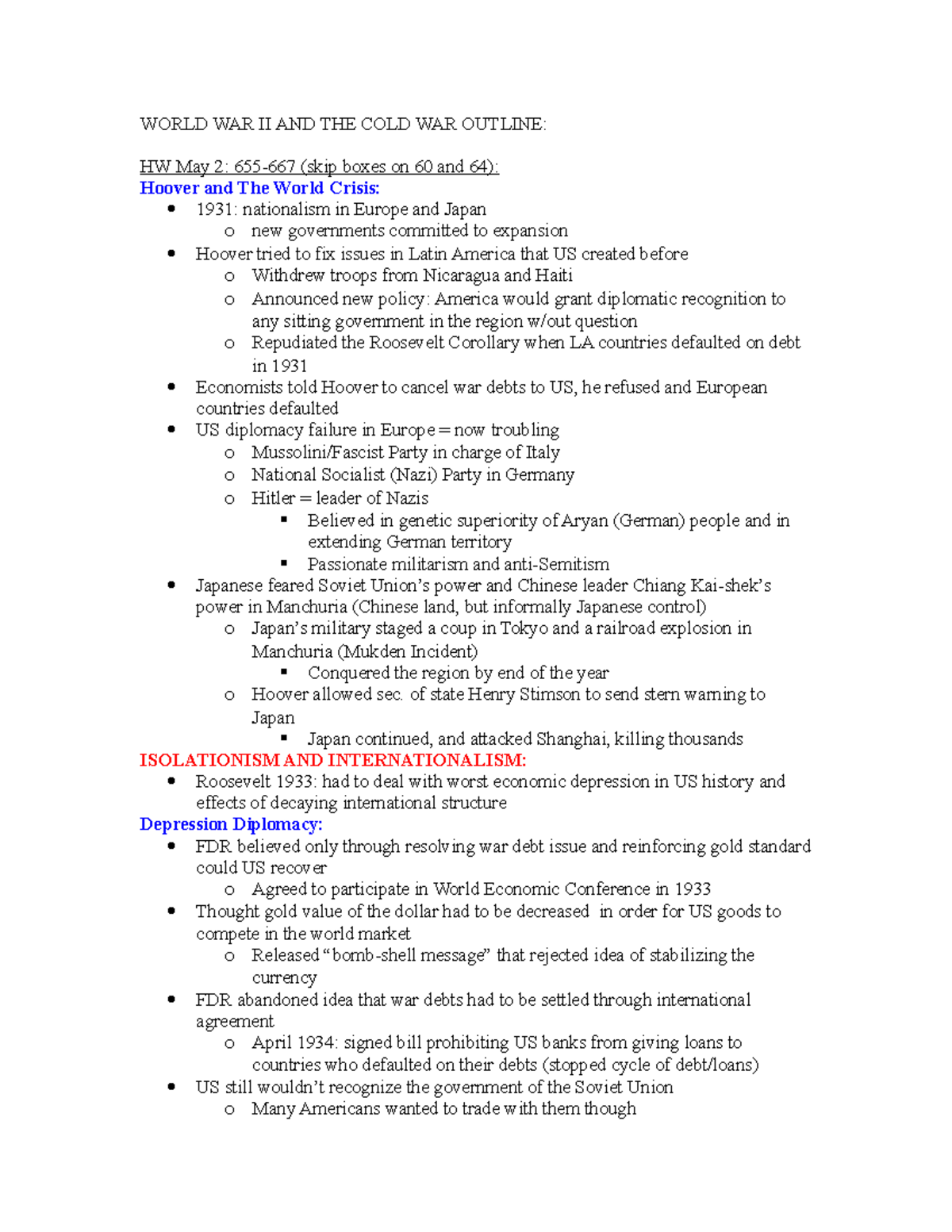 WWII-Cold War Outline - Dr. Korfhage - WORLD WAR II AND THE COLD WAR ...