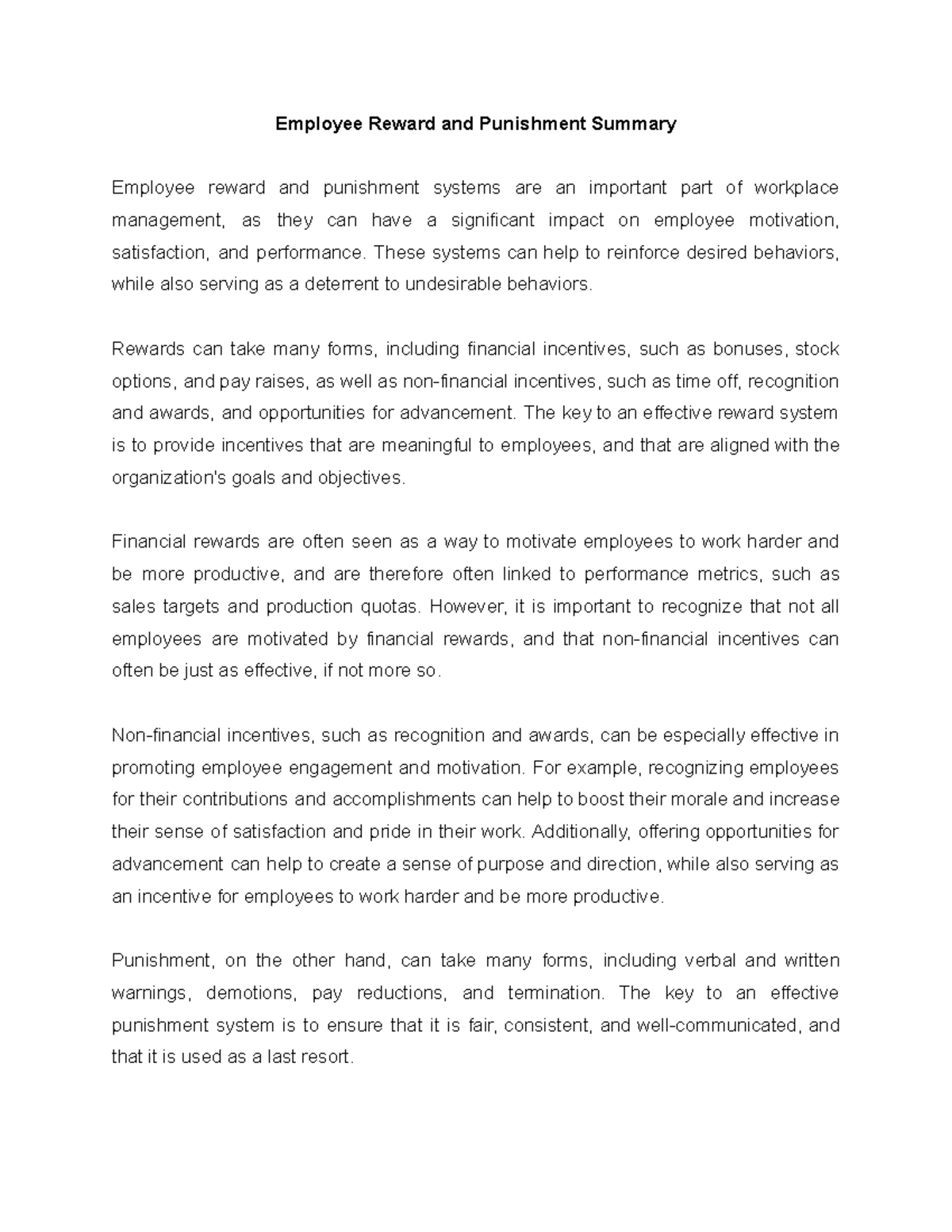 Employee Reward and Punishment Summary Employee Work Motivation Summary ...