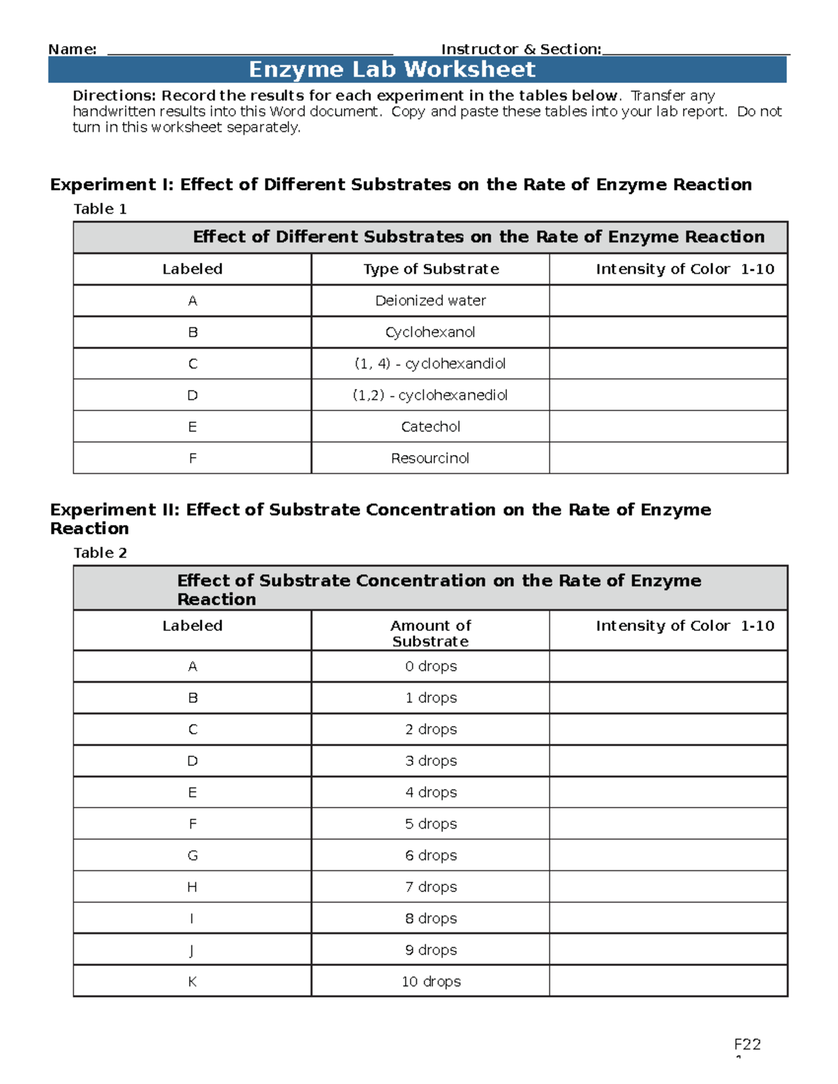 F22 Enzyme Lab Worksheet - Directions: Record the results for each ...