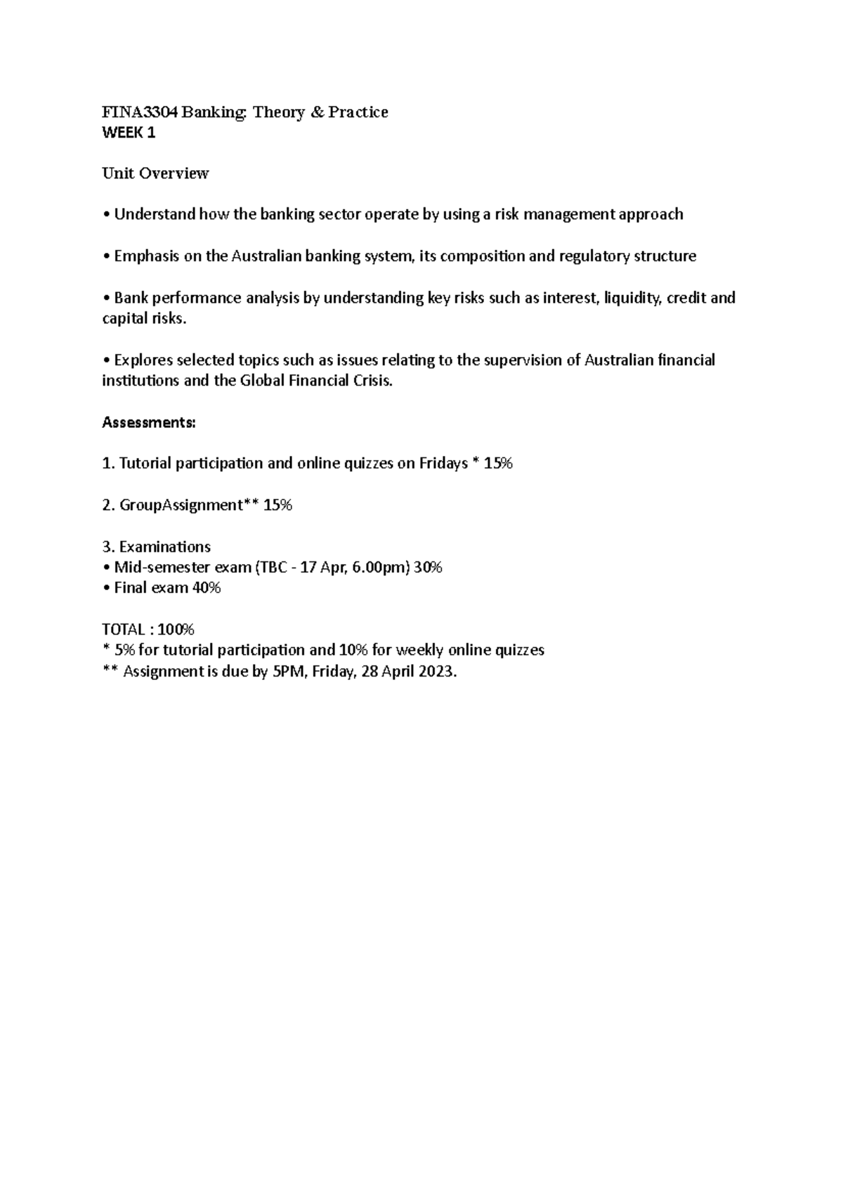 Unit Overview FINA3304 - FINA3304 Banking: Theory & Practice WEEK 1 ...