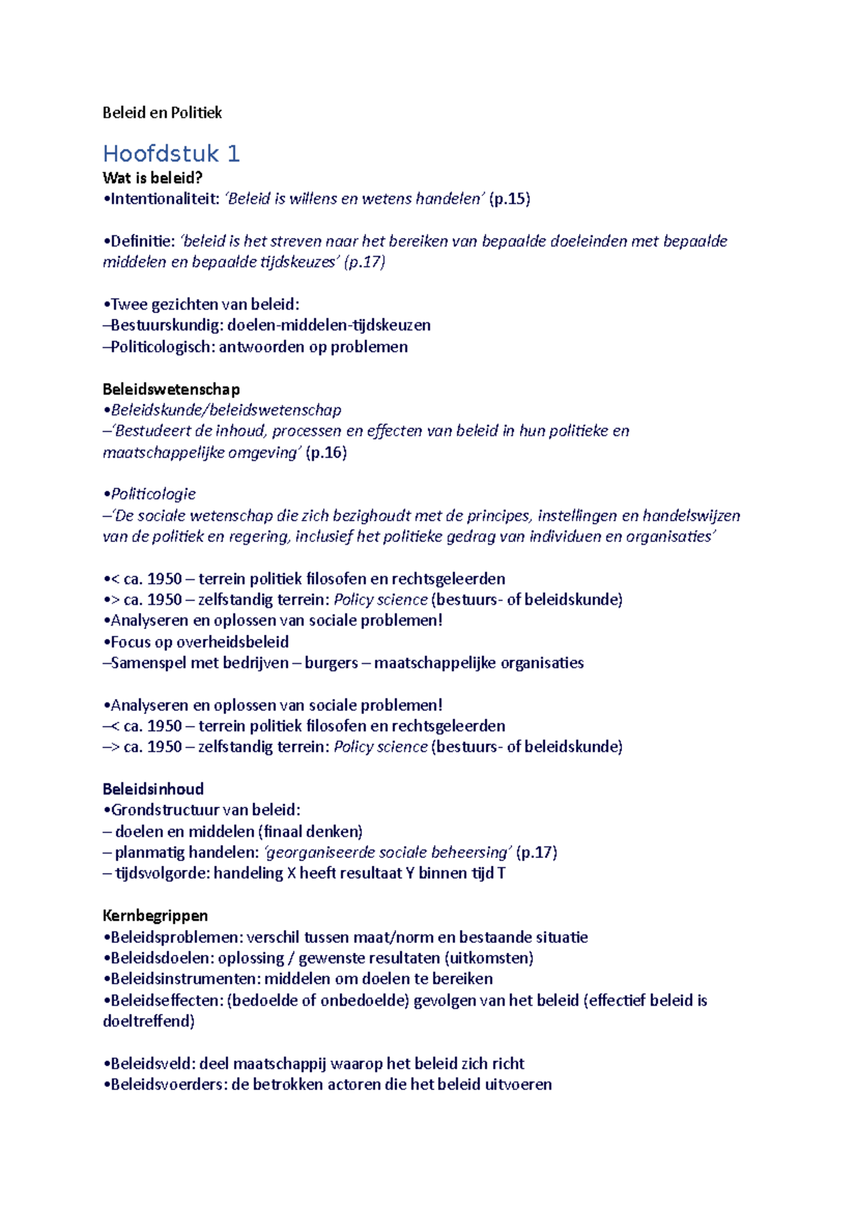 Beleid en Politiek (HO. 1 EN 2) - Beleid en Politiek Hoofdstuk 1 Wat is ...