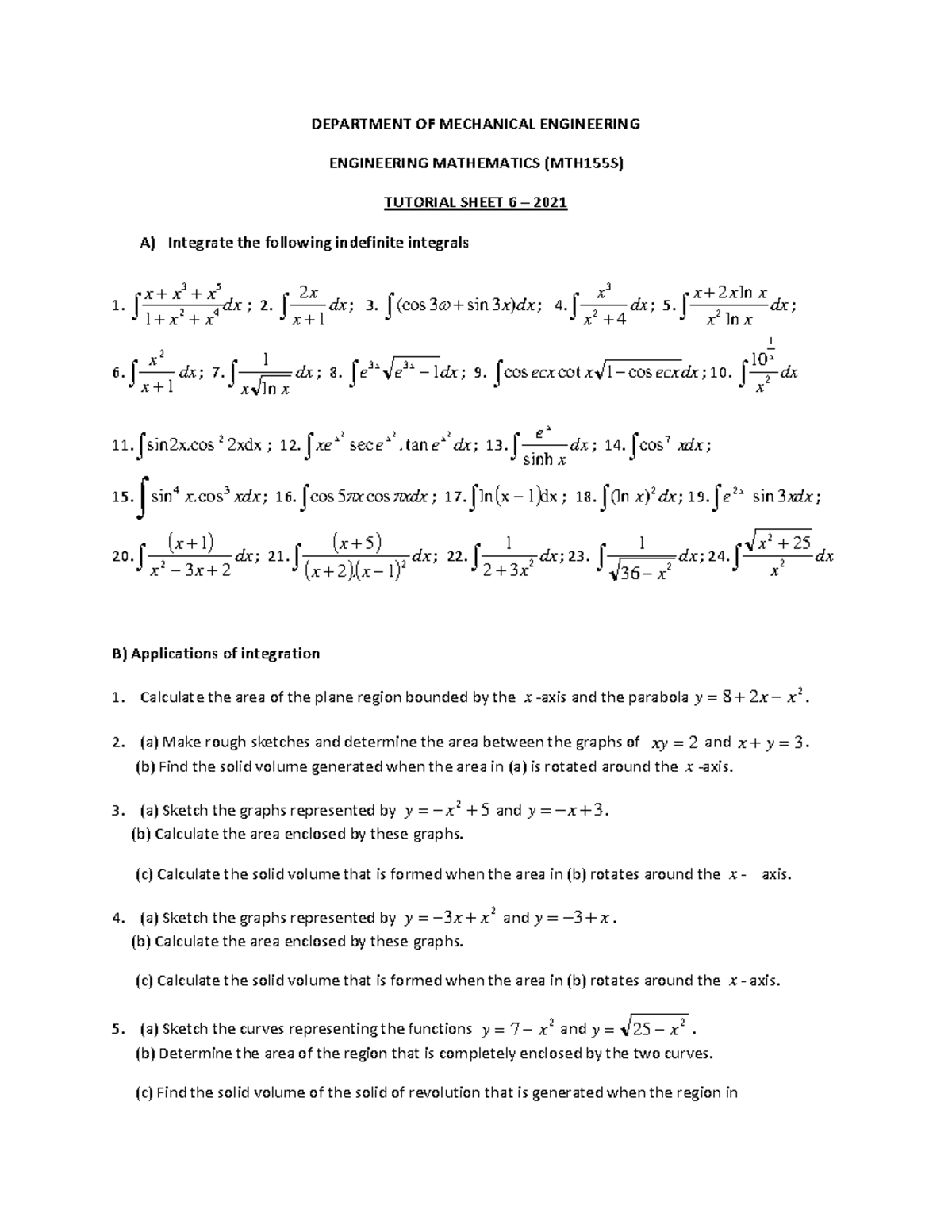 Tutorial Sheet 8.0 - Questions - DEPARTMENT OF MECHANICAL ENGINEERING ...