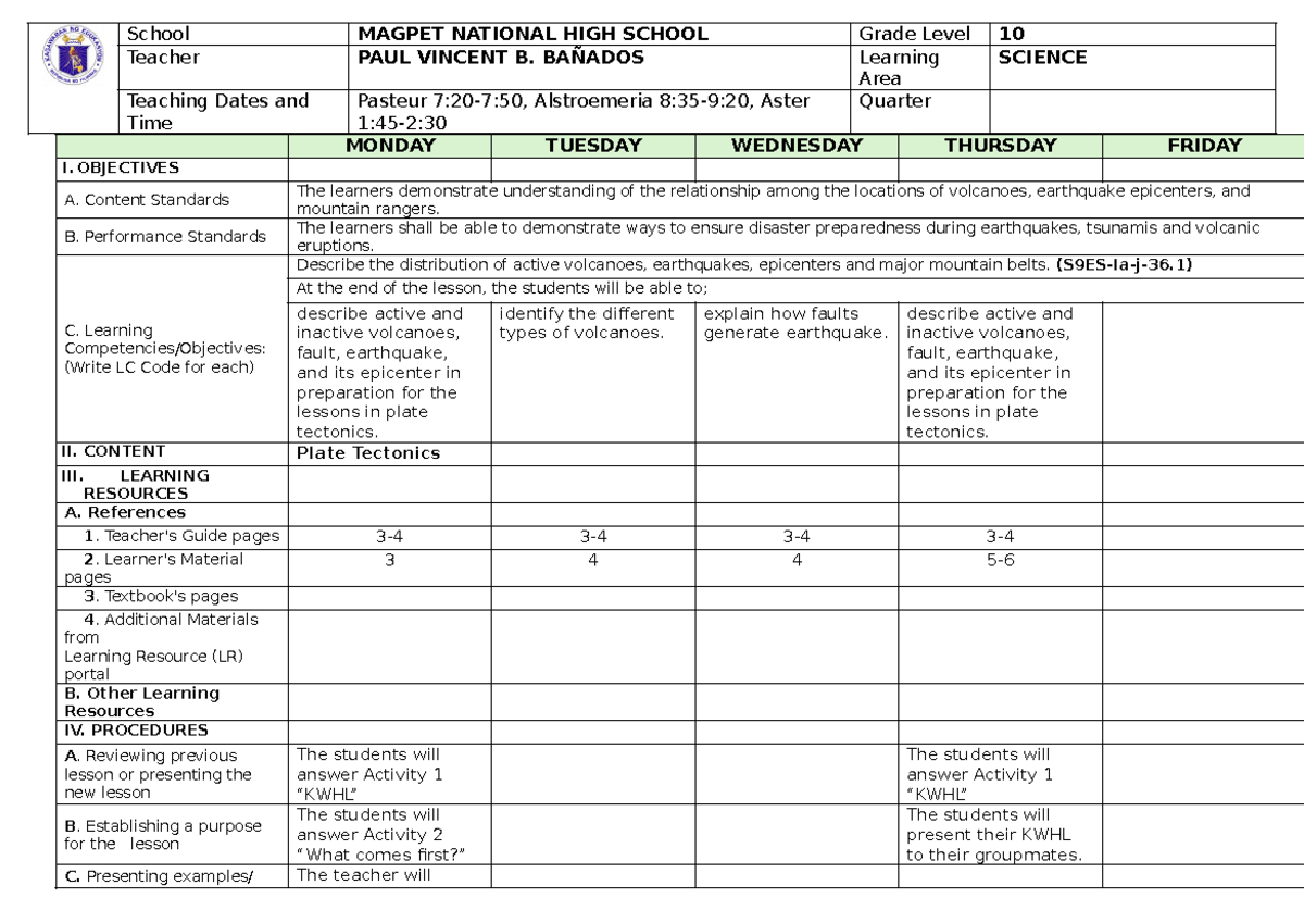 Week 1 - Science lesson plan - School MAGPET NATIONAL HIGH SCHOOL Grade ...