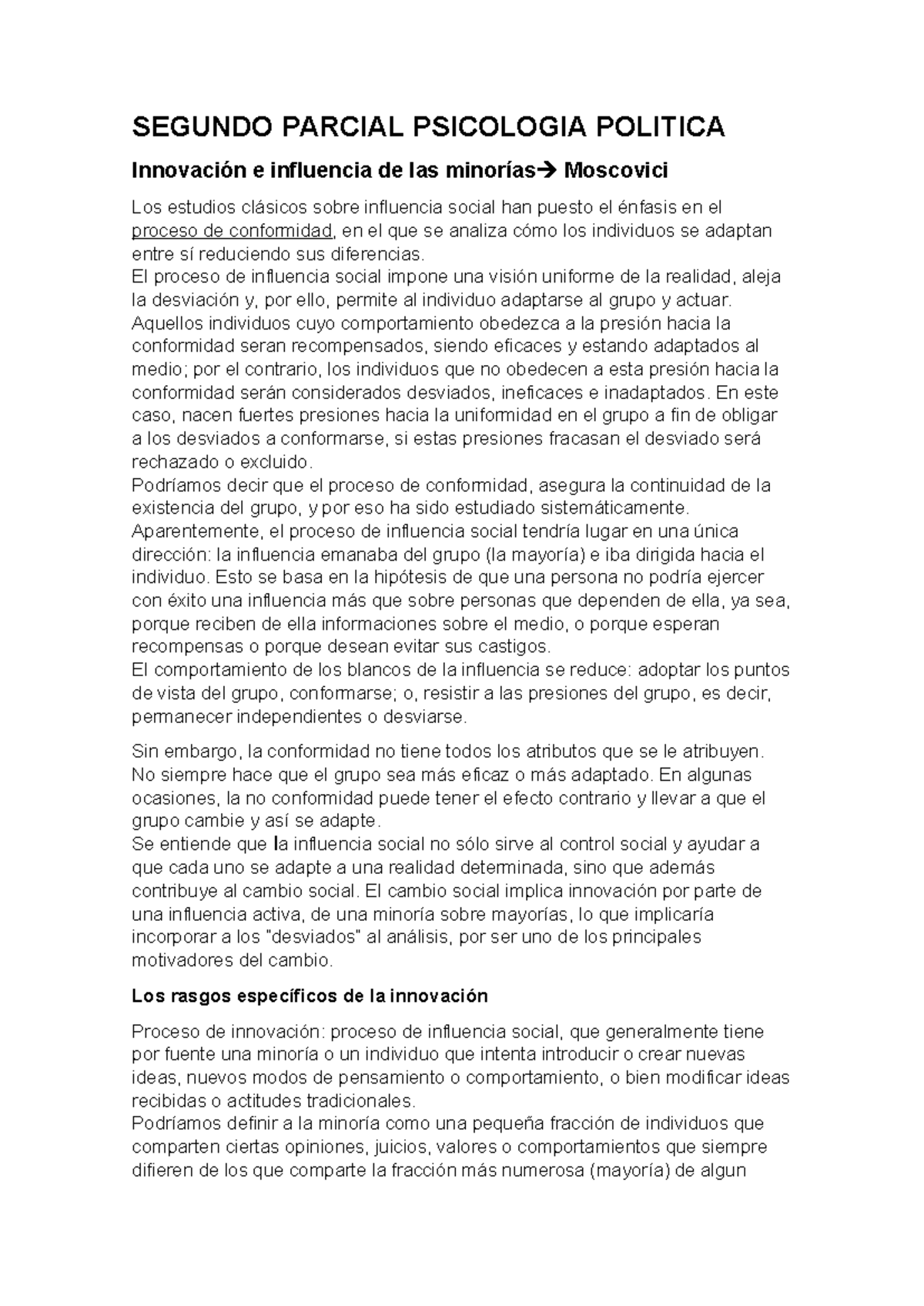 Psicologia politica 2.pdf - SEGUNDO PARCIAL PSICOLOGIA POLITICA Innovación e influencia de las ...