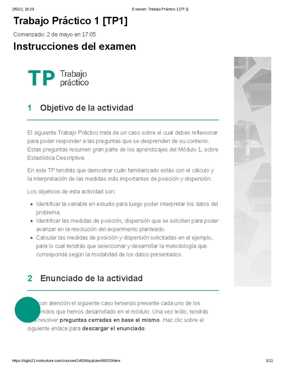 MATE 3 - Estadistica - TP 1 - 2/5/22, 18:29 Examen: Trabajo Práctico 1 [TP1] - Studocu