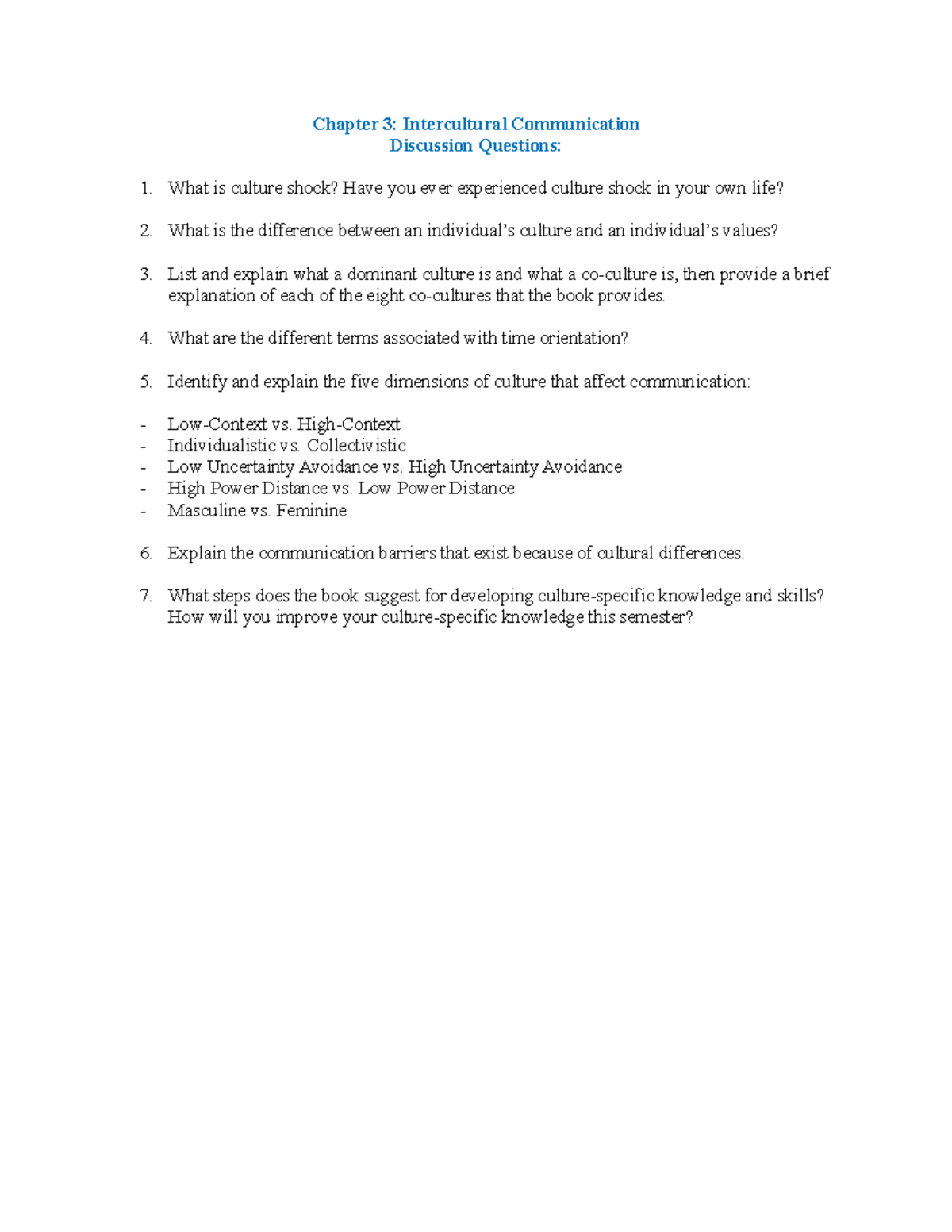 Chapter 3 DQ - Discussion Questions Ch.3 - Chapter 3: Intercultural ...