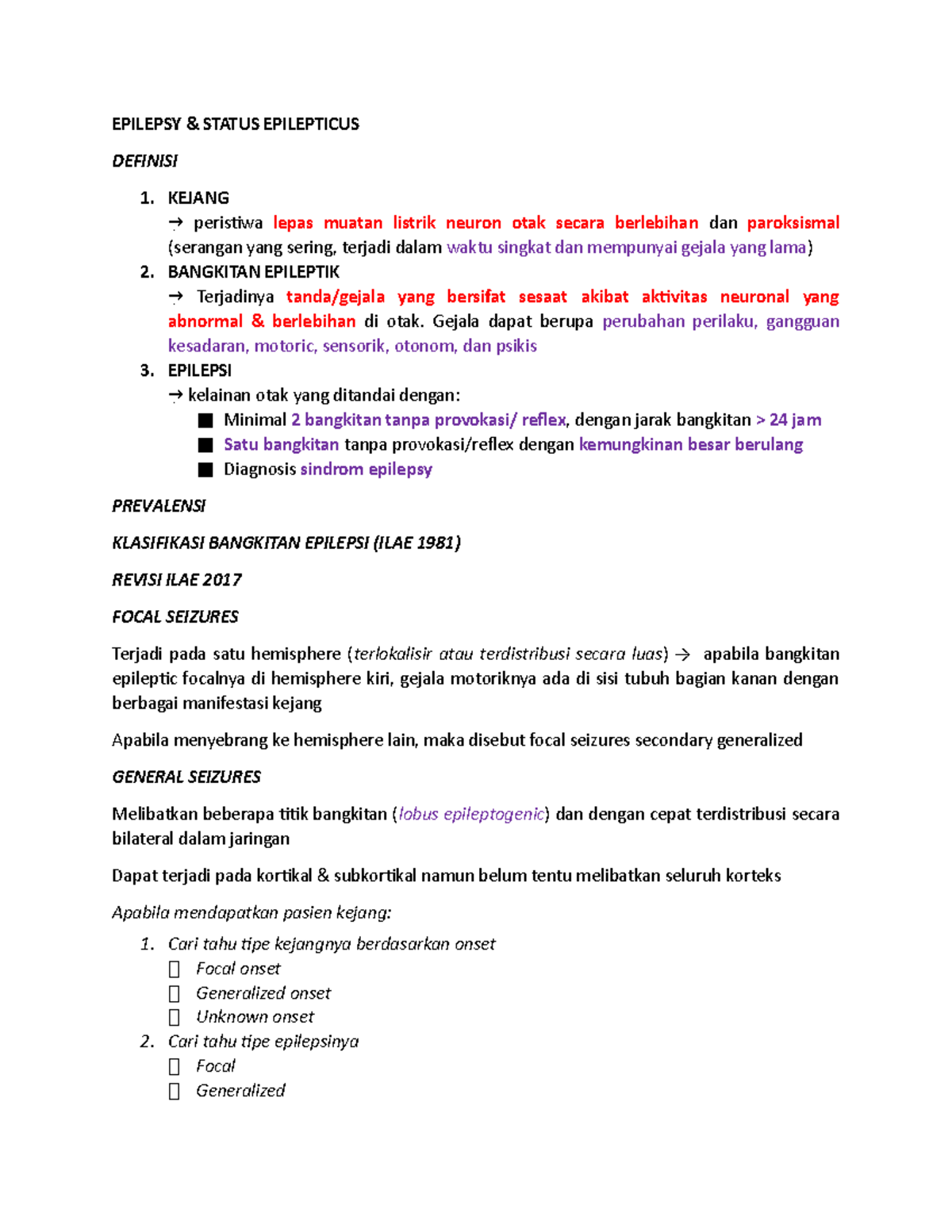 LECT 28 Epilepsy Status Epilepticus - EPILEPSY & STATUS EPILEPTICUS DEFINISI 1. KEJANG → - Studocu
