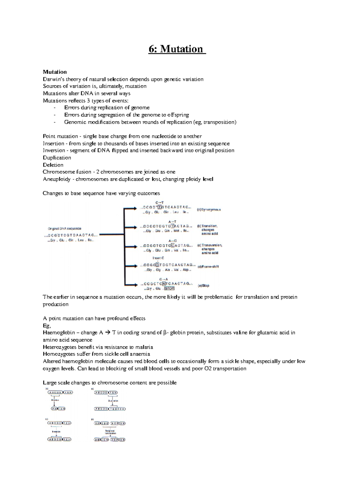 6 mutation - Lecture notes 6 - 6: Mutation Mutation Darwin’s theory of ...