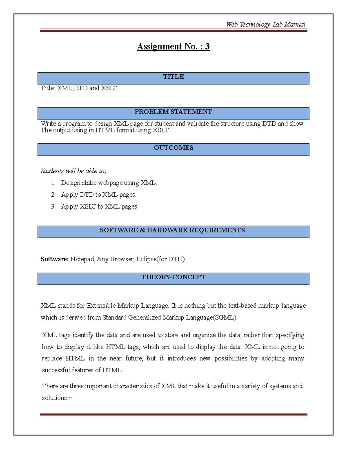 3 xml dtd and xslt assignment no 31on web technology - Assignment No. : 3 Title: XML,DTD and ...