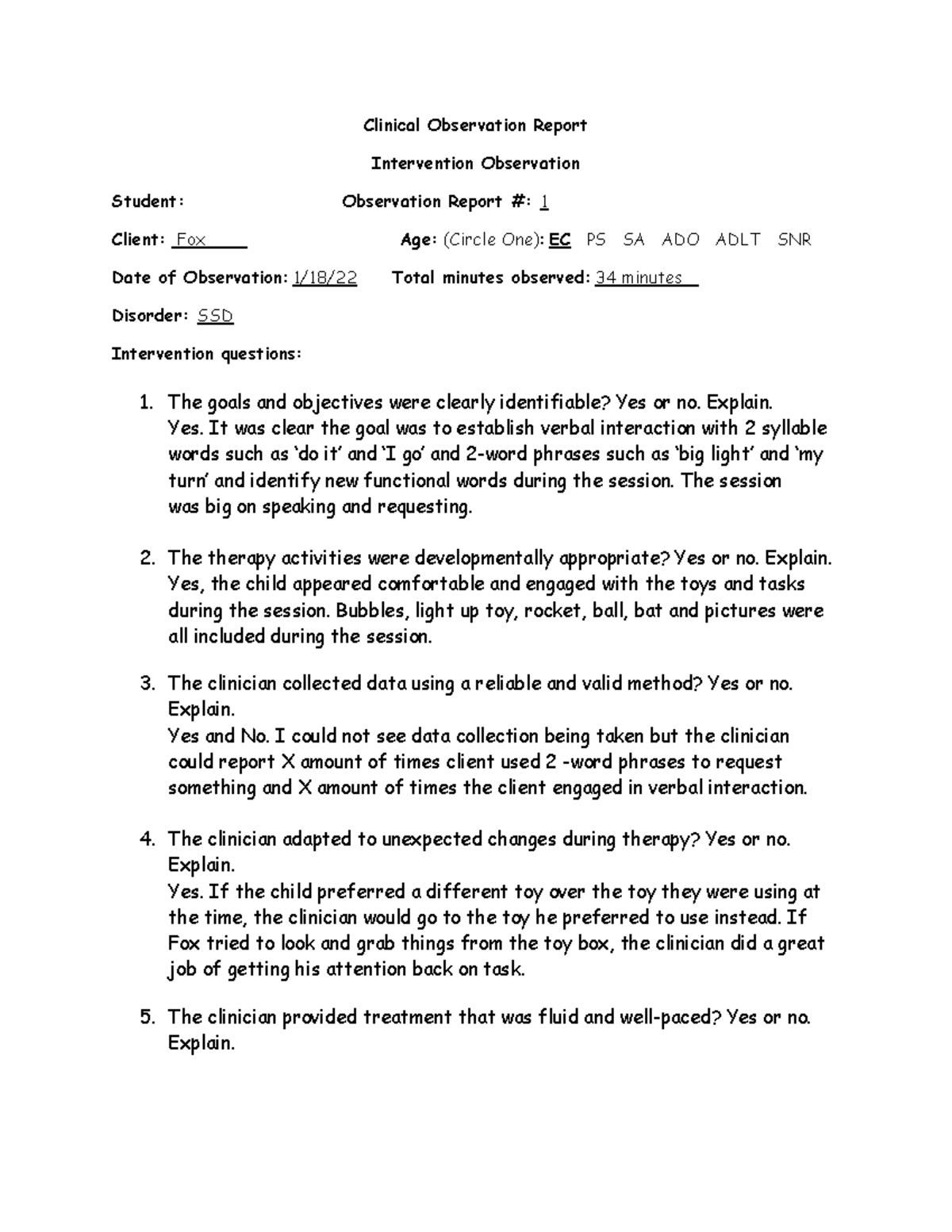 Clinical Observation Report #1 Fox - Clinical Observation Report ...