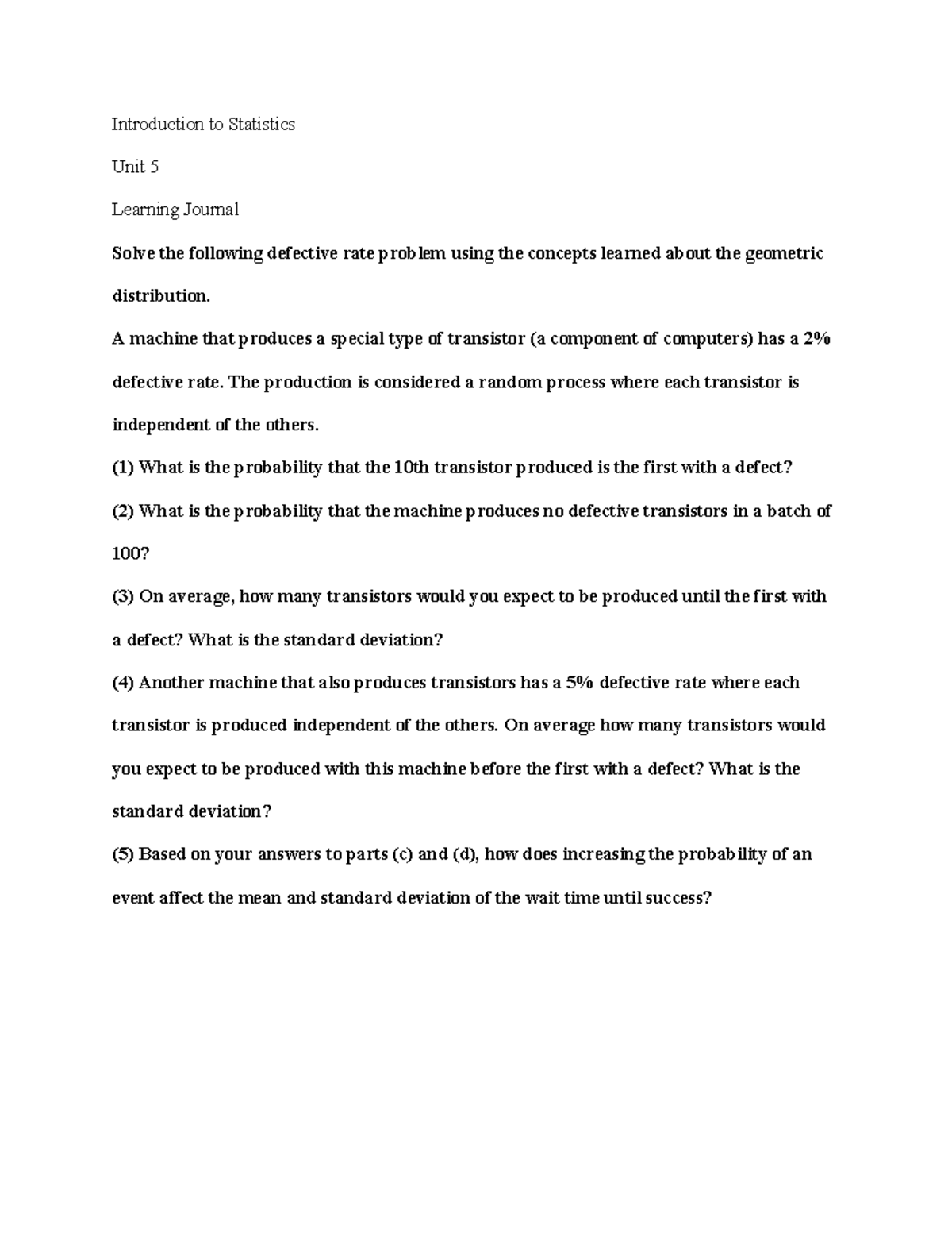 Introduction to Statistics - Unit 5 - Learning Journal - Introduction ...