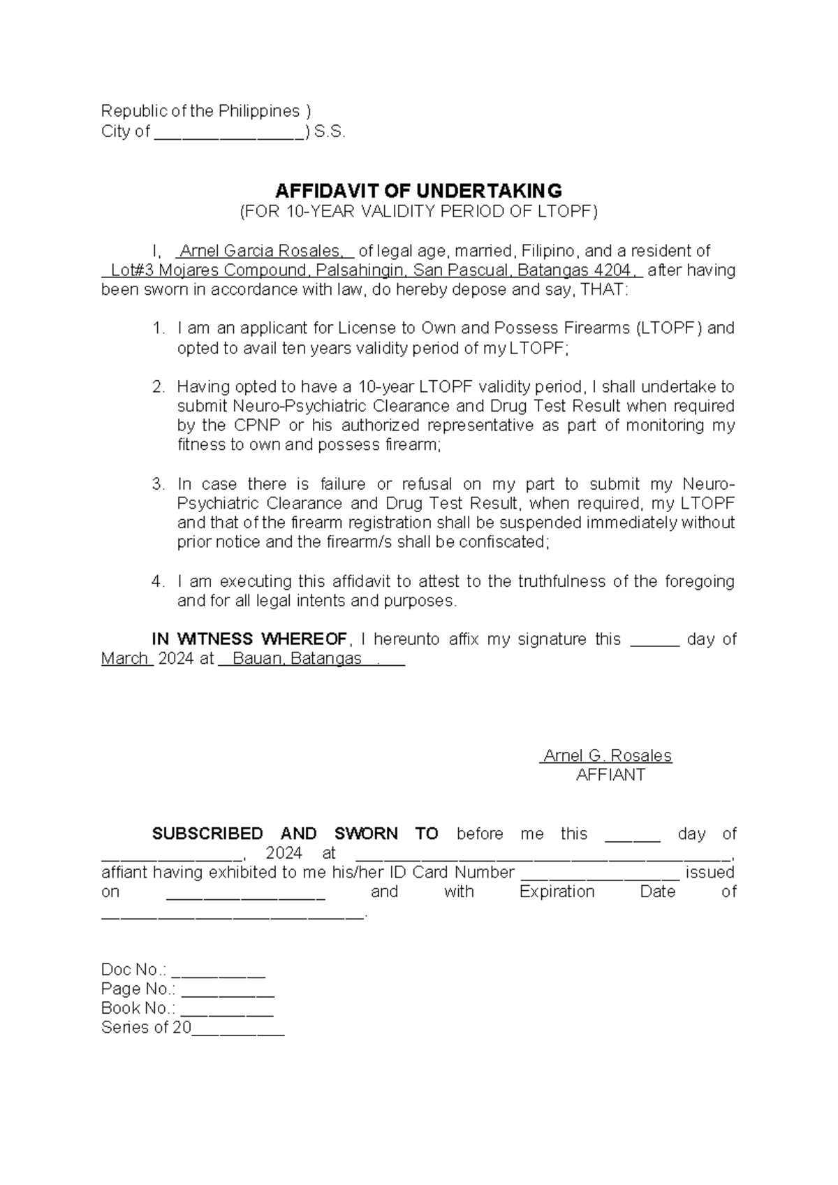 Affidavit Undertaking 10 years 3 - Republic of the Philippines ) City ...