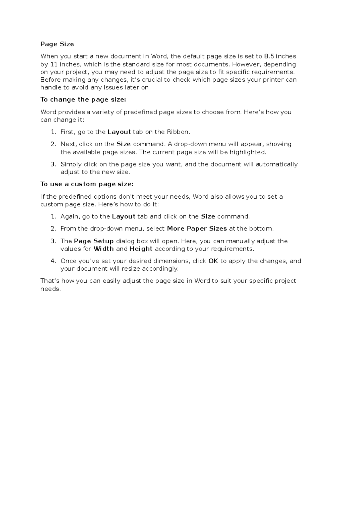 Page Size - Tutorial for word print and layout based on page setup in ...