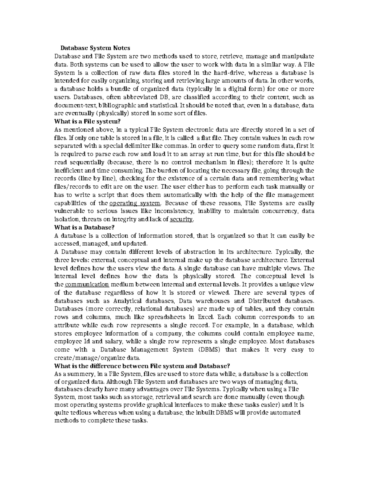 ICS 2206 Database Systems Noes - Database System Notes Database and ...