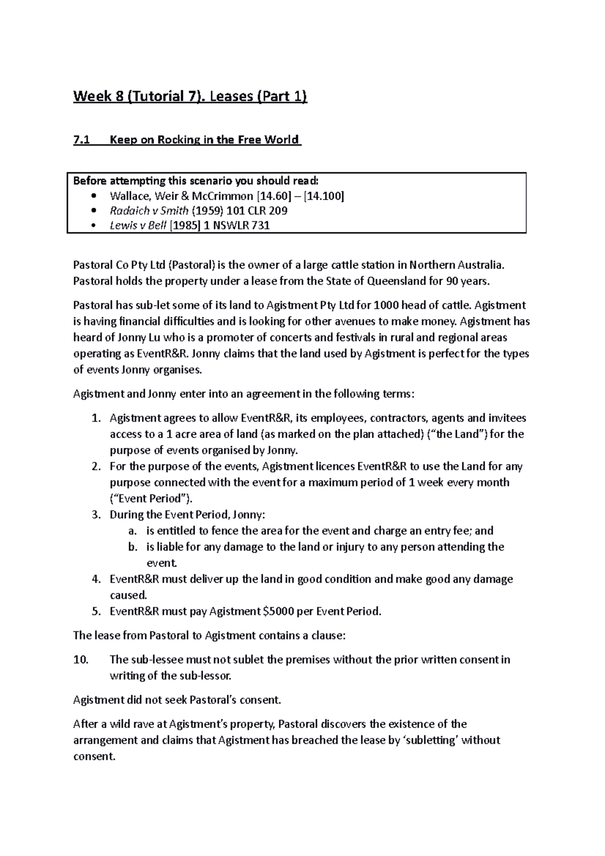 Tute week 8 2020 - Tutorial work - Week 8 (Tutorial 7). Leases (Part 1 ...