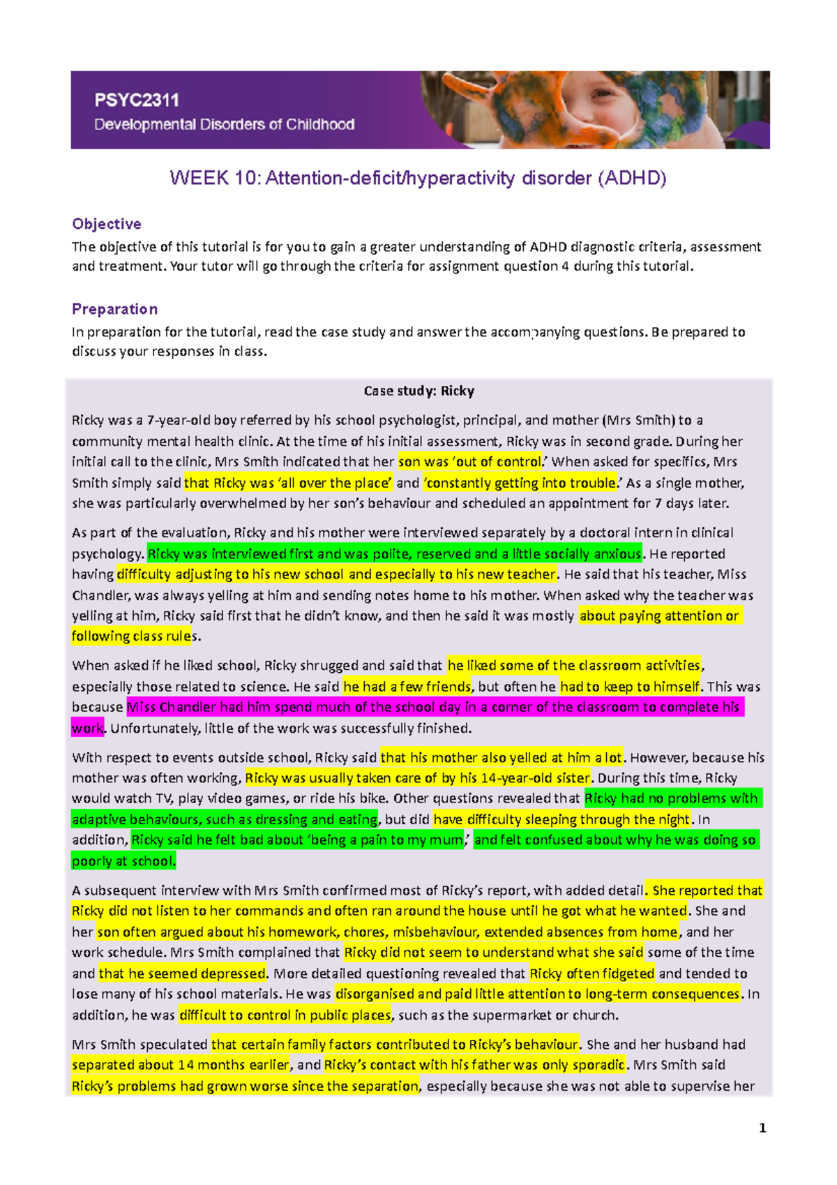 PSYC2311 Week 10 - ADHD - Tutorial notes - WEEK 10: Attention-deficit ...