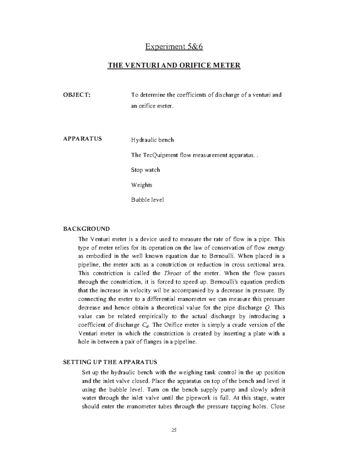 Experiment 5 - Venturi and Orifice Meter - Experiment 5& THE VENTURI ...