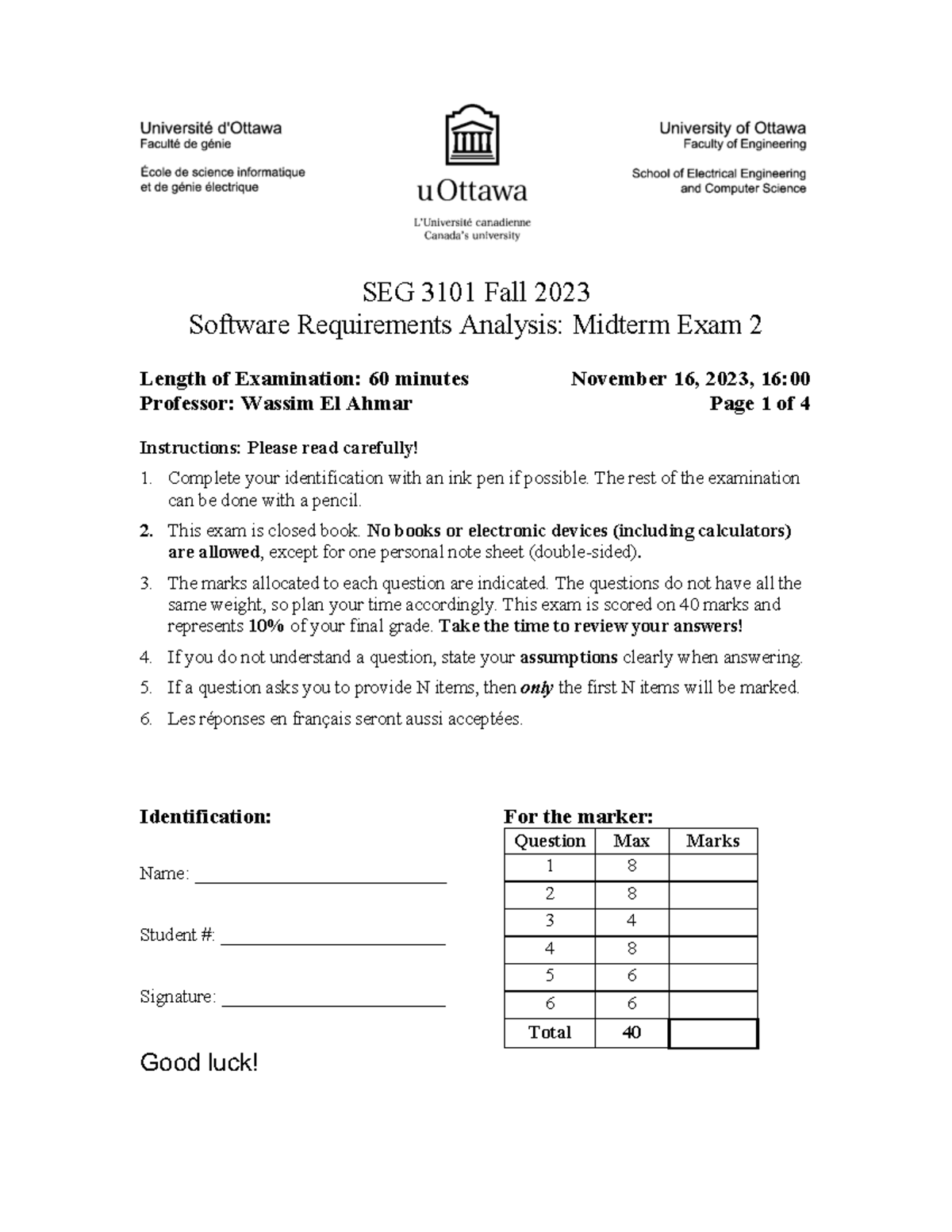 SEG3101-Exam2-Solved - SEG 3 101 Fall 2023 Software Requirements ...